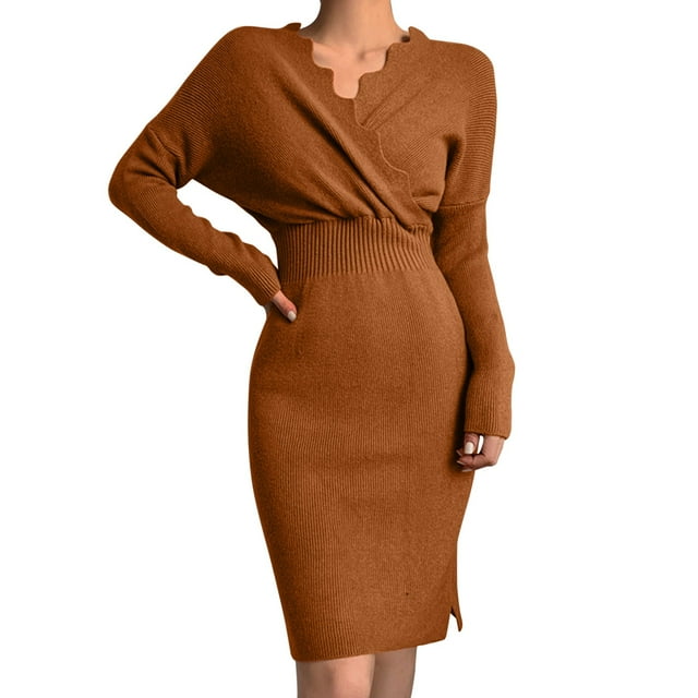Mifelio Long Sweater Dress Long Sleeved Tight Dress Feminine V Neck