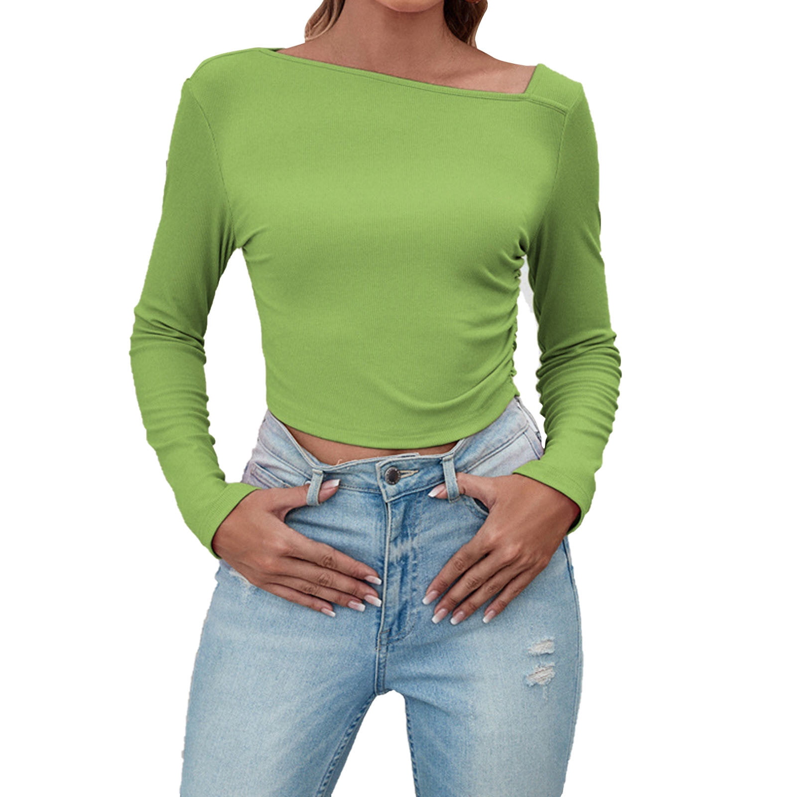 Mifelio Spring Tops For Women 2024 Women Sexy Irregular Neckline Long