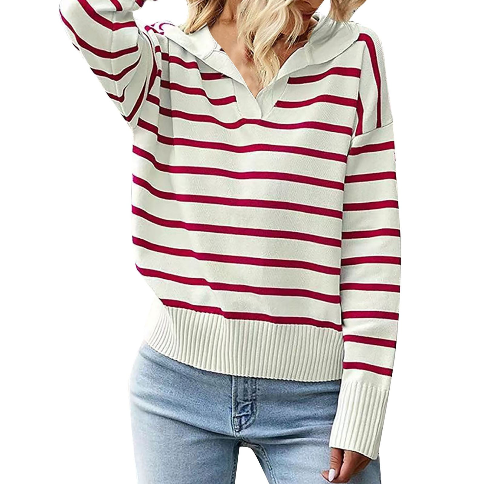 Mifelio Sweaters For Women Ladies Solid Color Sweater Casual Cardigan Lapel Striped Sweater
