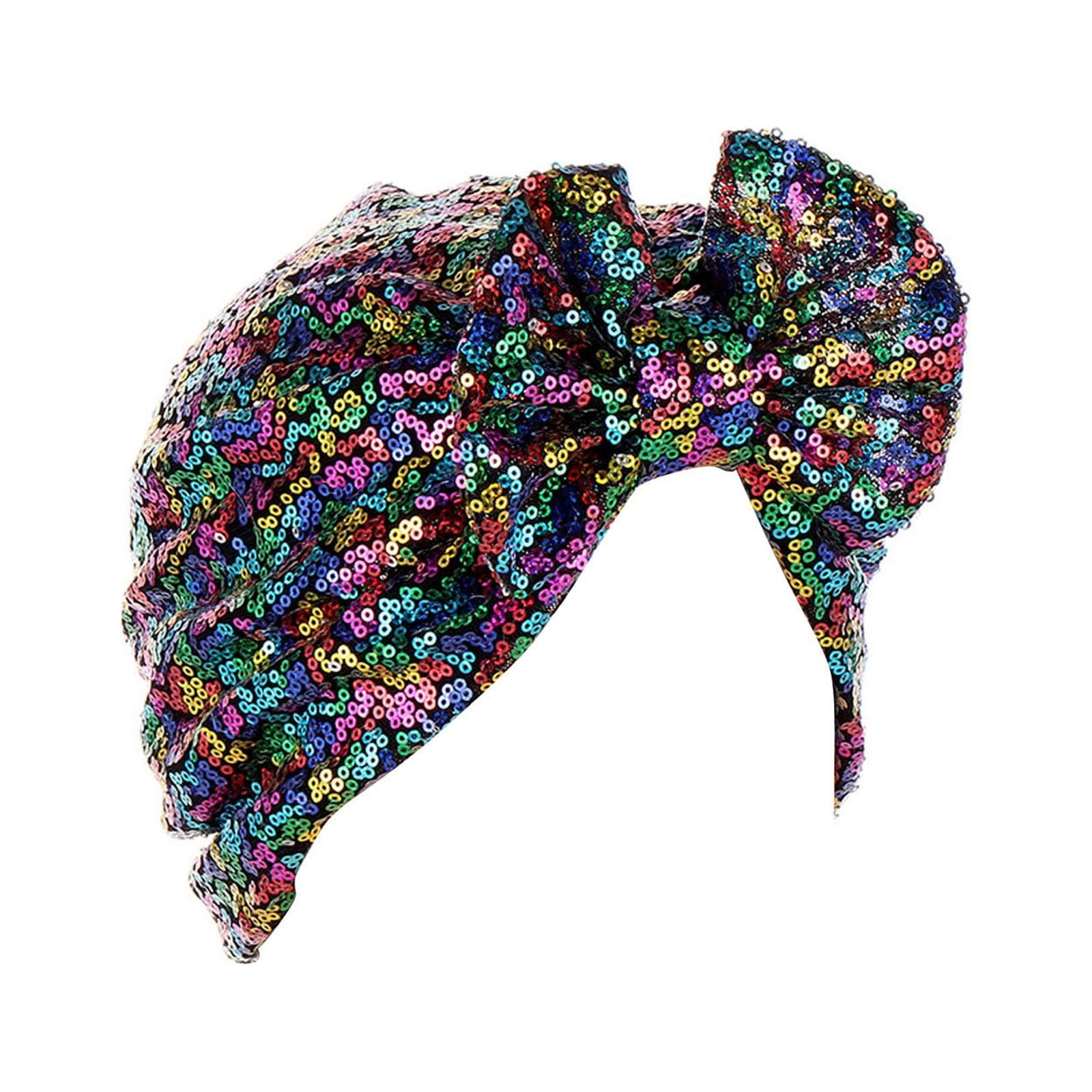 Mifelio Turbans for Women Muslim Turban Hatbow Sequins Hair Bonnet Head ...