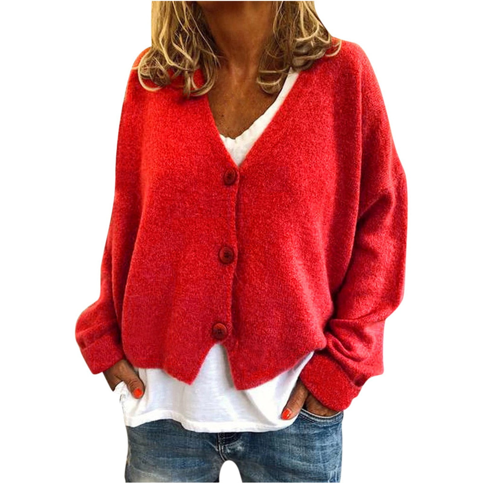 Mifelio Womens Sweaters Fashion Women Solid V-Neck Buttons Casual ...