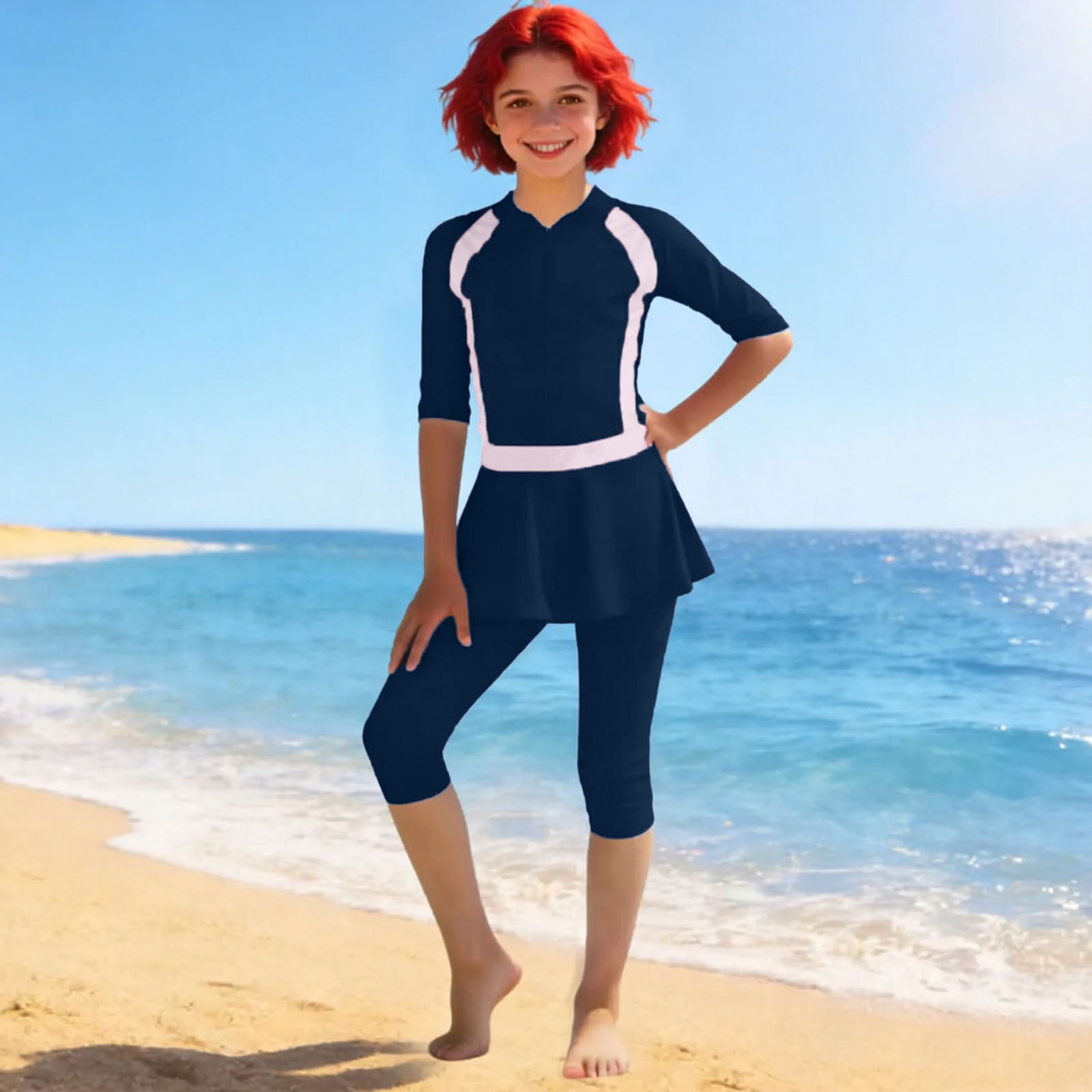 Mifsaly 3 Piece Swimming Suit for Girls Color Block Zip Up One Piece ...