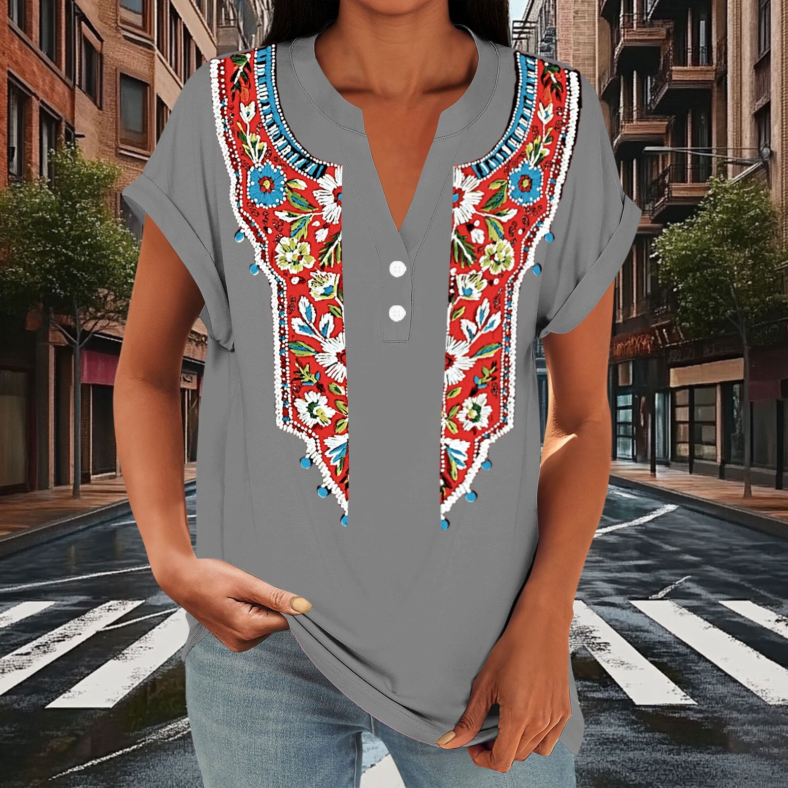 Mifsaly Boho Summer Tops for Women Split V Neck Short Sleeve Henley ...
