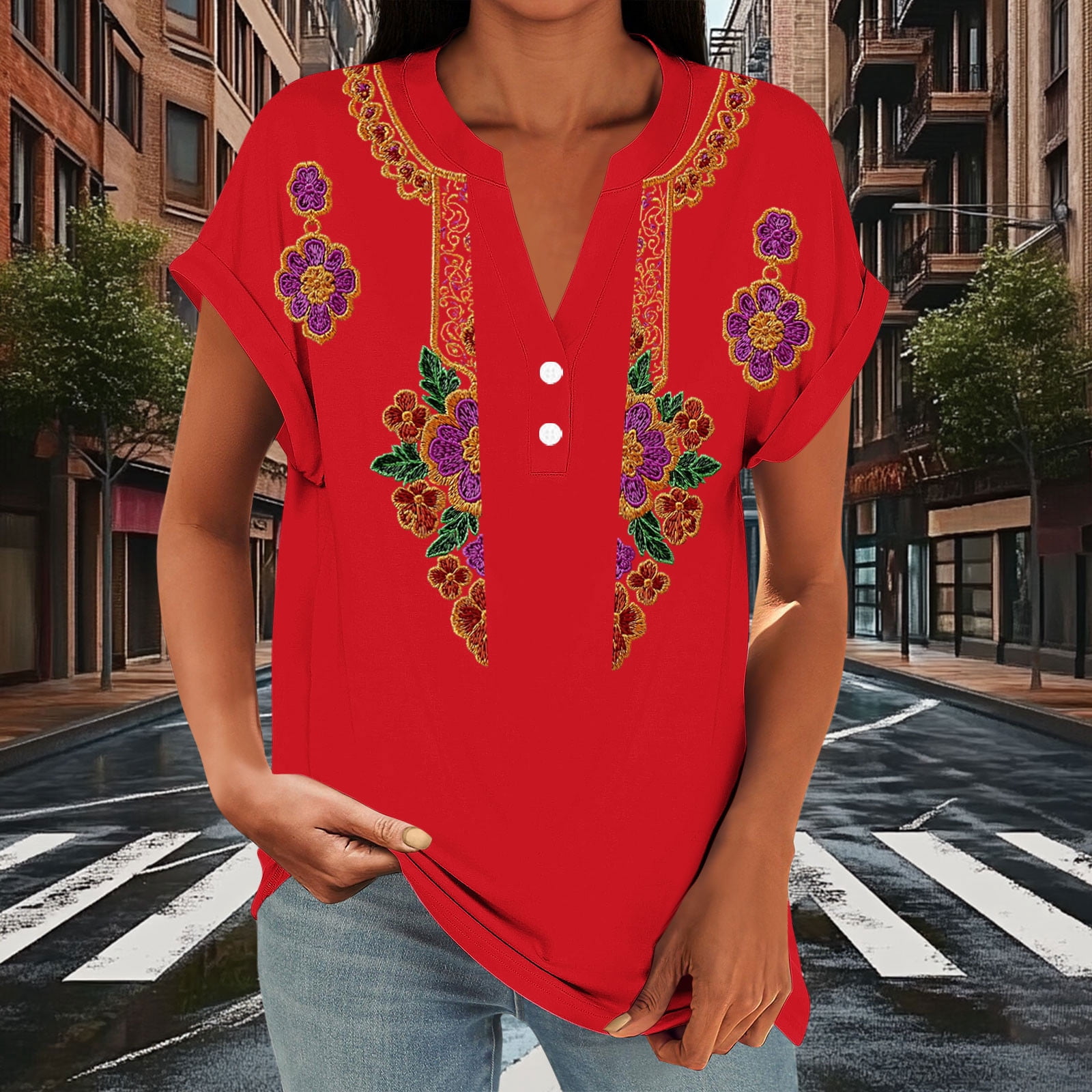 Mifsaly Boho Summer Tops for Women Split V Neck Short Sleeve Henley ...