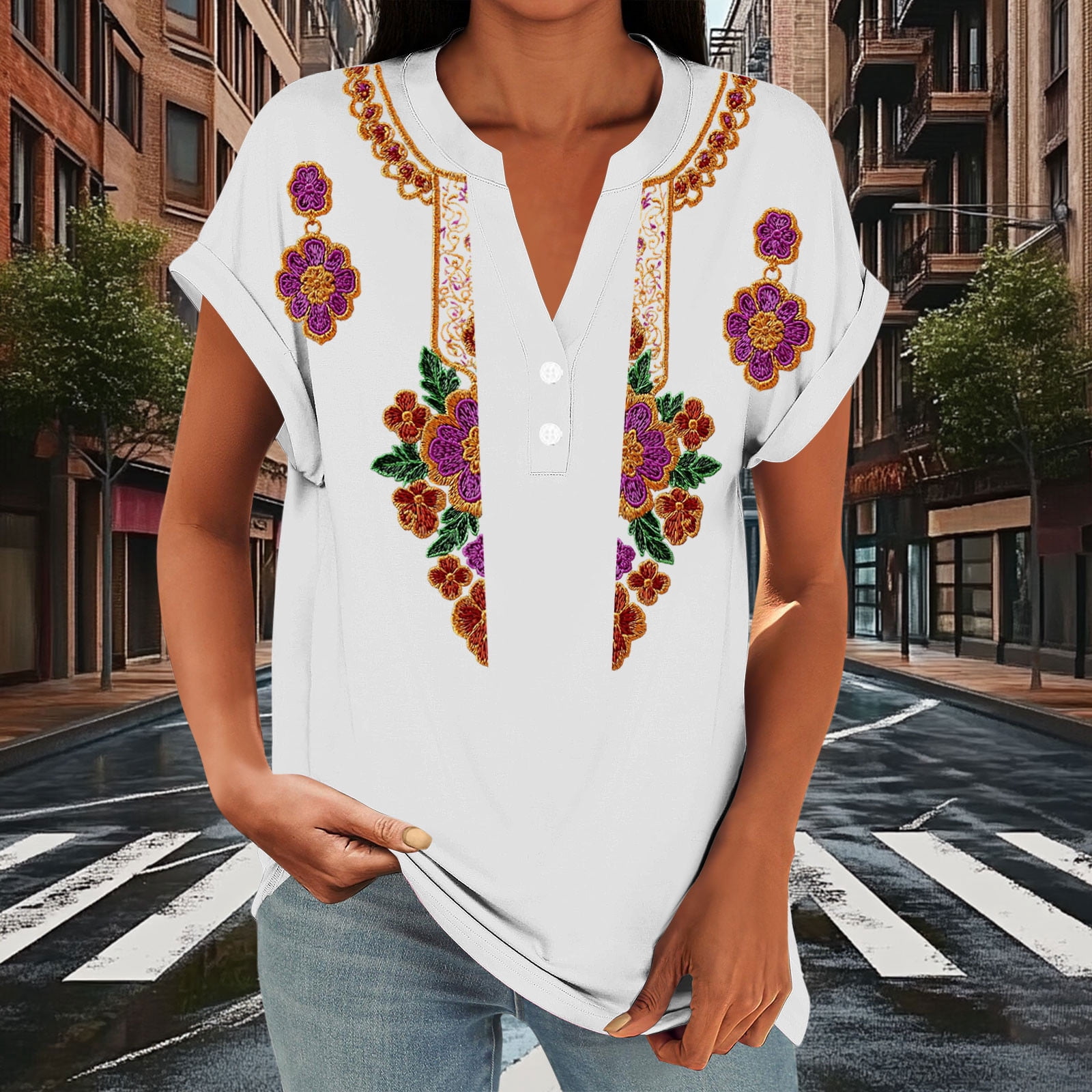 Mifsaly Boho Summer Tops for Women Split V Neck Short Sleeve Henley ...