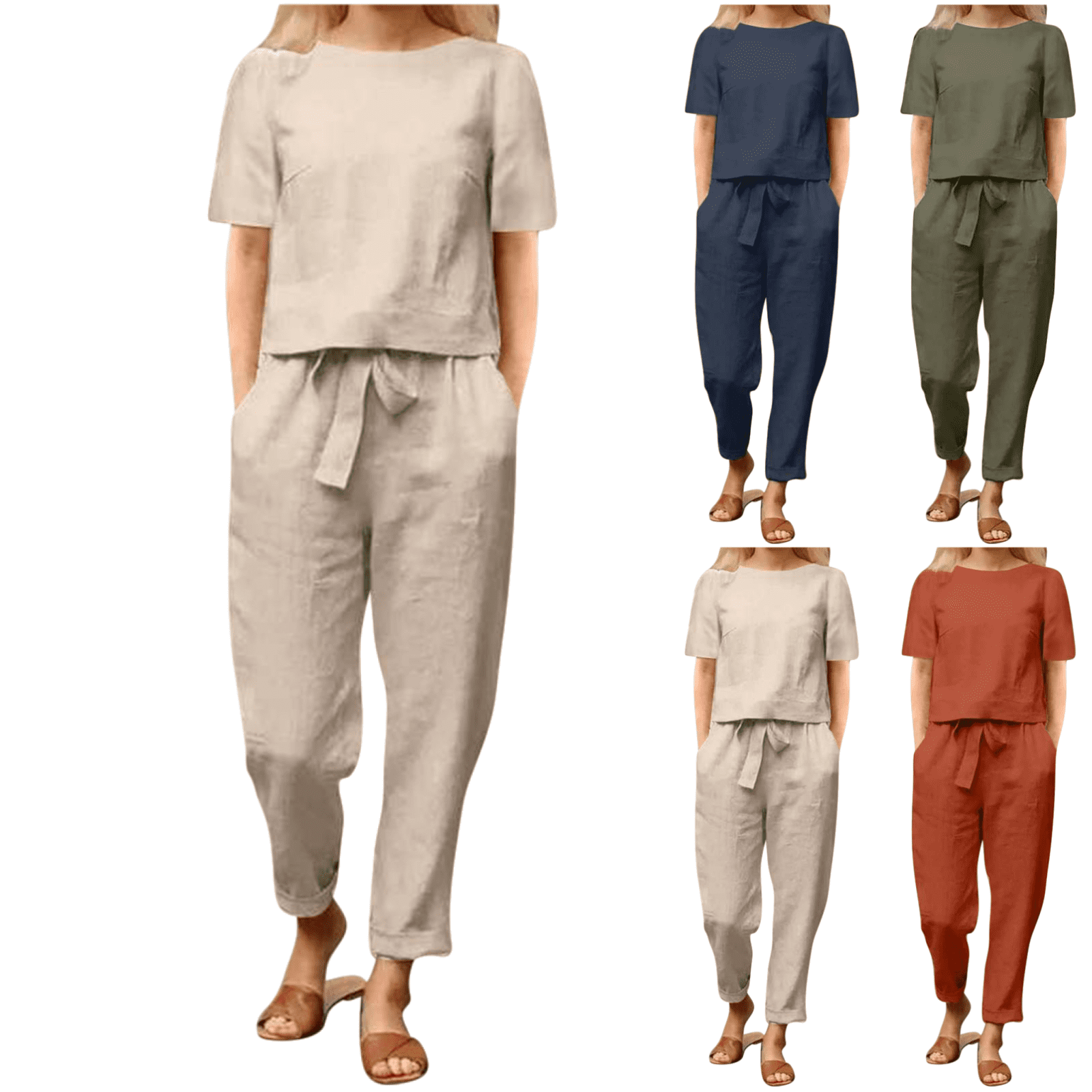 Mifsaly Cotton Linen Sets for Women 2 Piece Crewneck Short Sleeve ...