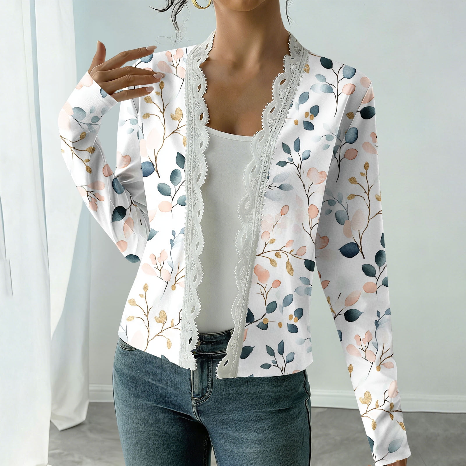 Mifsaly Cropped Cardigan for Women Lace Patchwork Floral Print Long ...