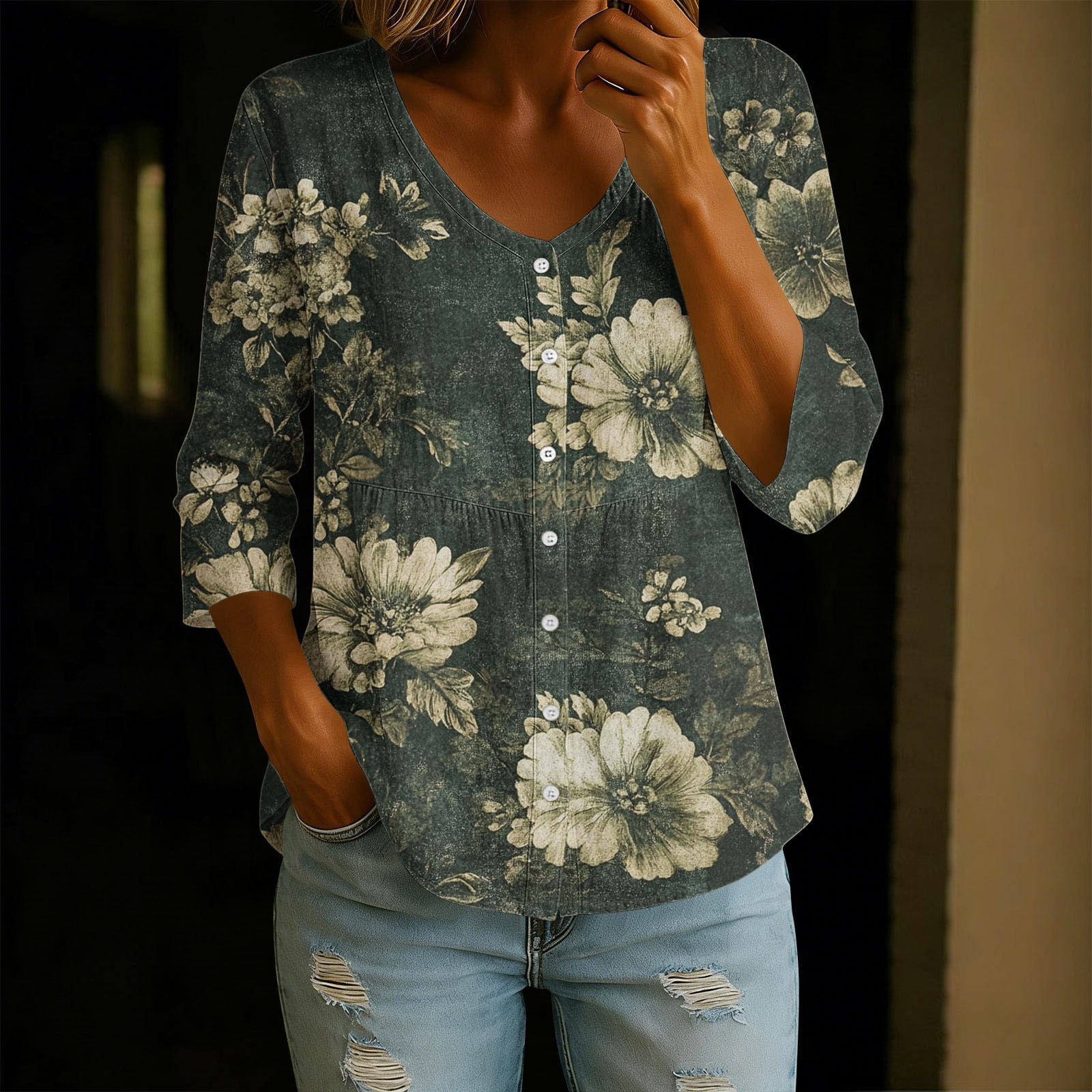 Mifsaly Floral Blouses for Women V Neck 3/4 Sleeve Button Up Shirts ...