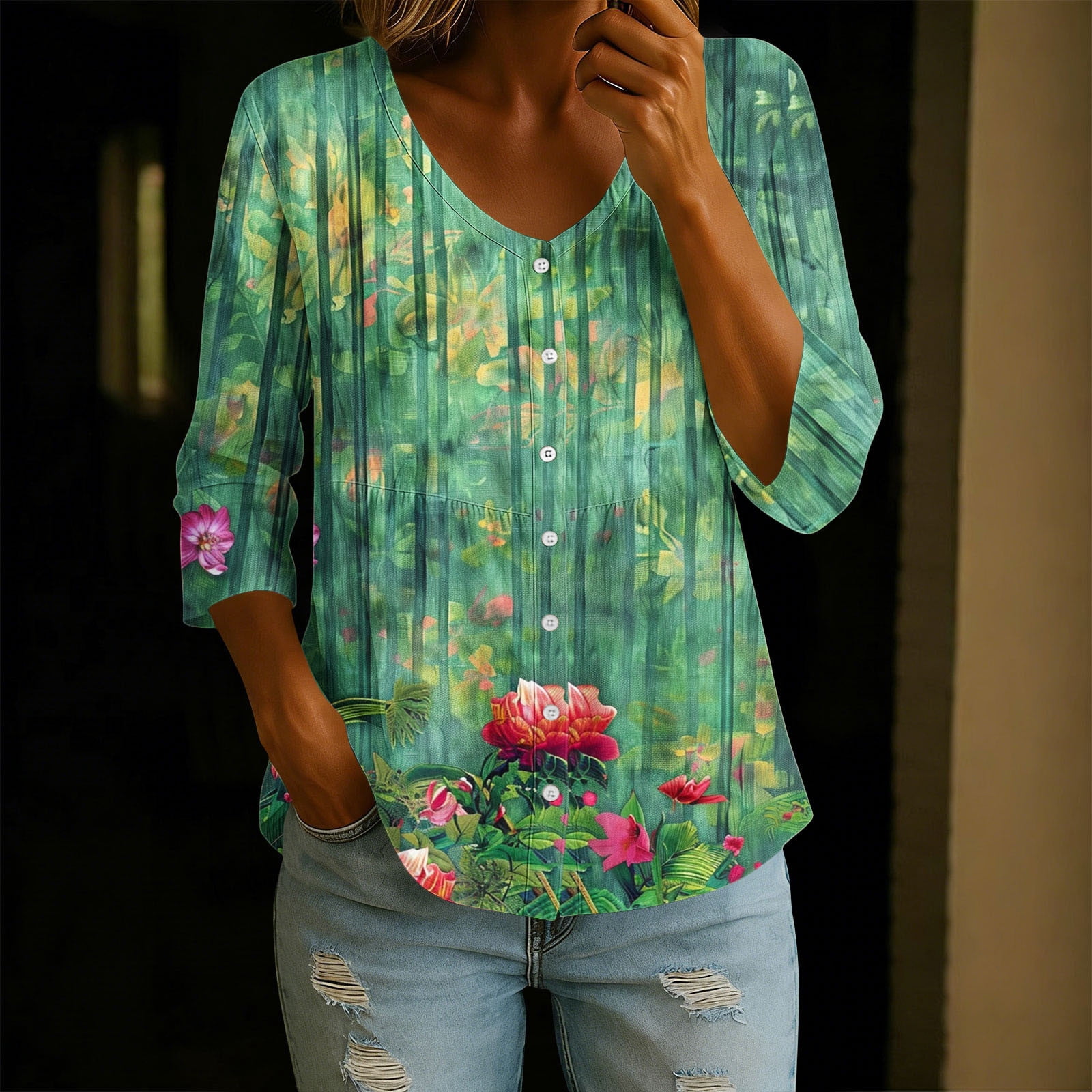 Mifsaly Floral Blouses for Women V Neck 3/4 Sleeve Button Up Shirts ...