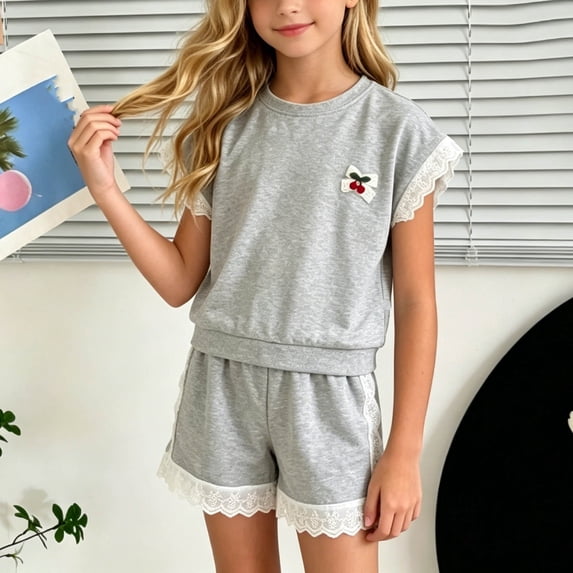 Mifsaly Girls Cute 2 Piece Clothing Sets Lace Trim Short Sleeve Tops ...