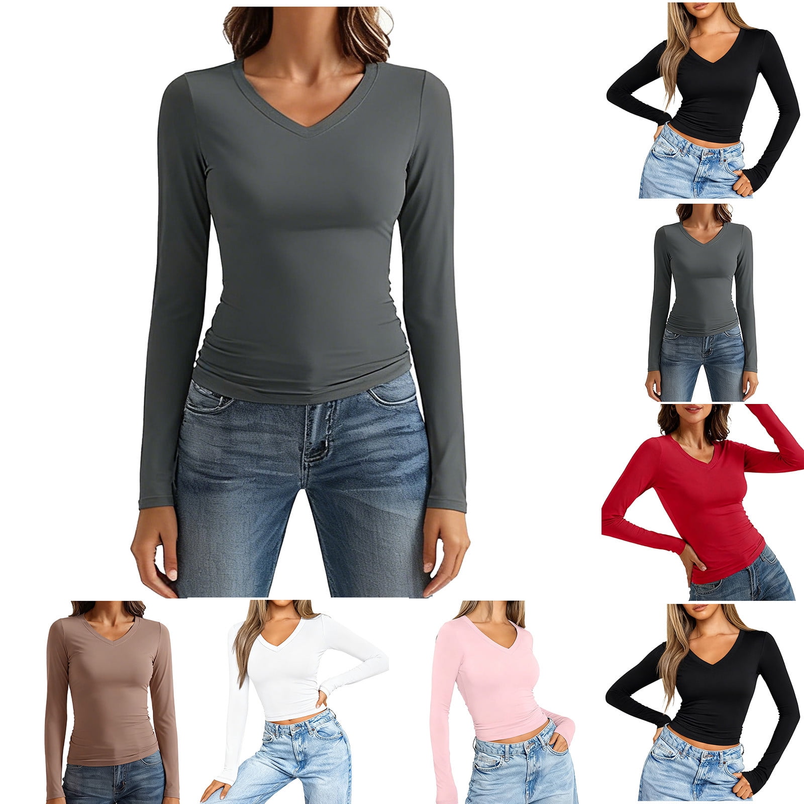 Mifsaly Layering Tops for Women V-Neck Long Sleeve Slim Fit Crop Top ...