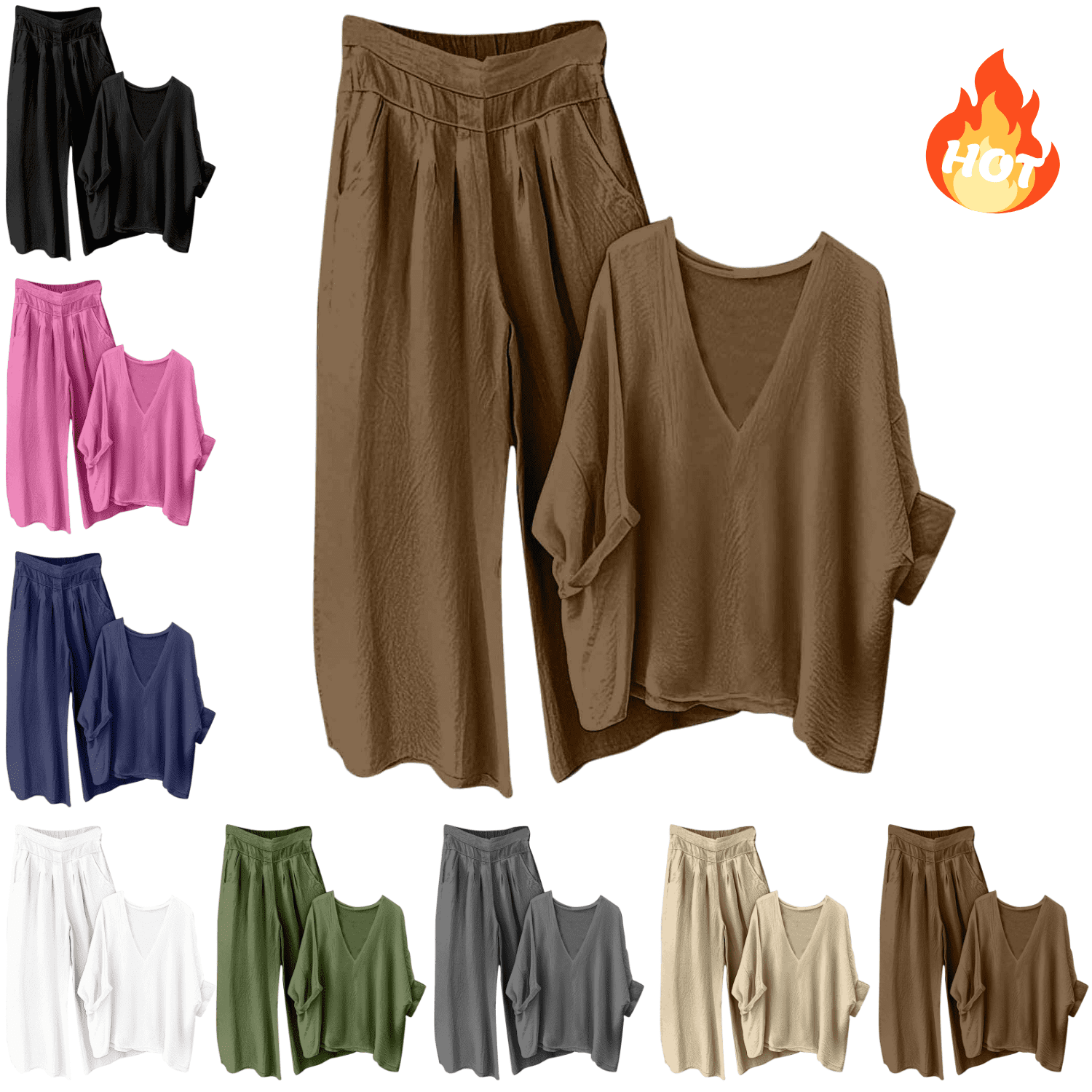 Mifsaly Linen Sets for Women 2 Piece V-Neck Oversized Top and Wide Leg ...