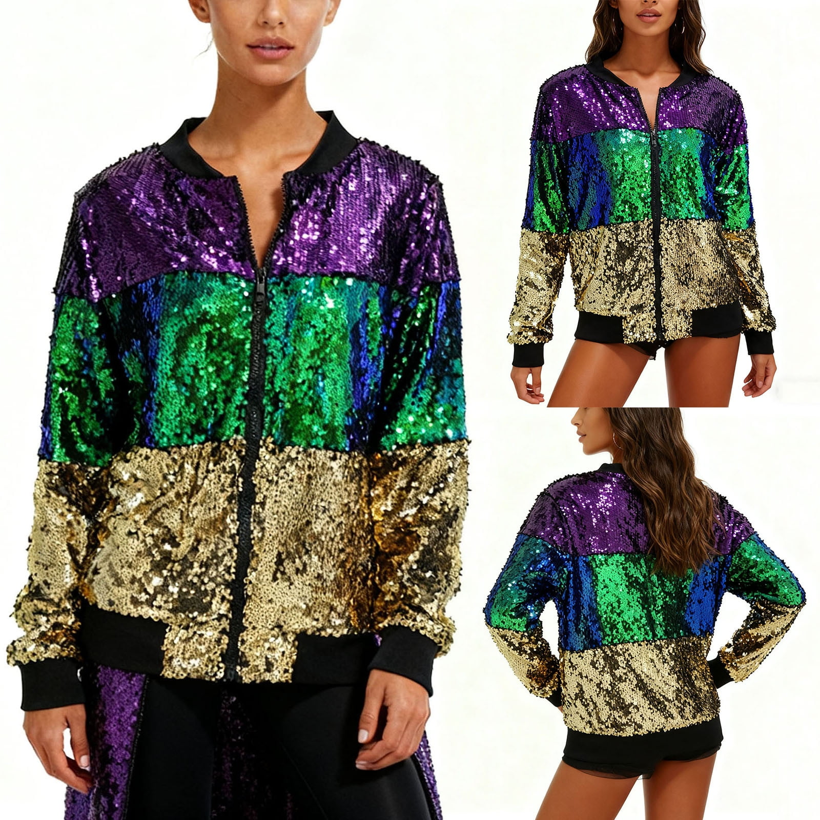 Mifsaly Mardi Gras Sequin Jackets for Women Sparkly Zipper Shiny ...