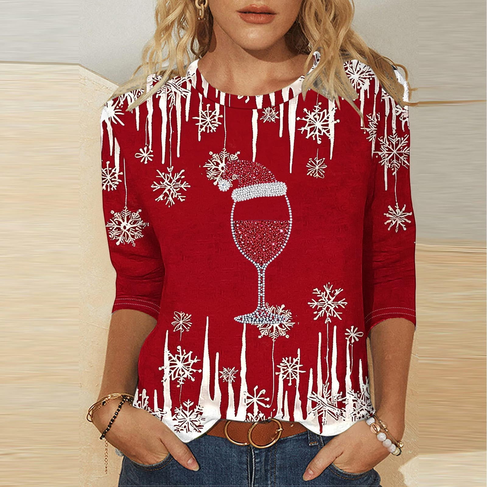 Mifsaly Plus Size Christmas Shirts Women Xmas Red Wine Cup 3/4 Sleeve ...