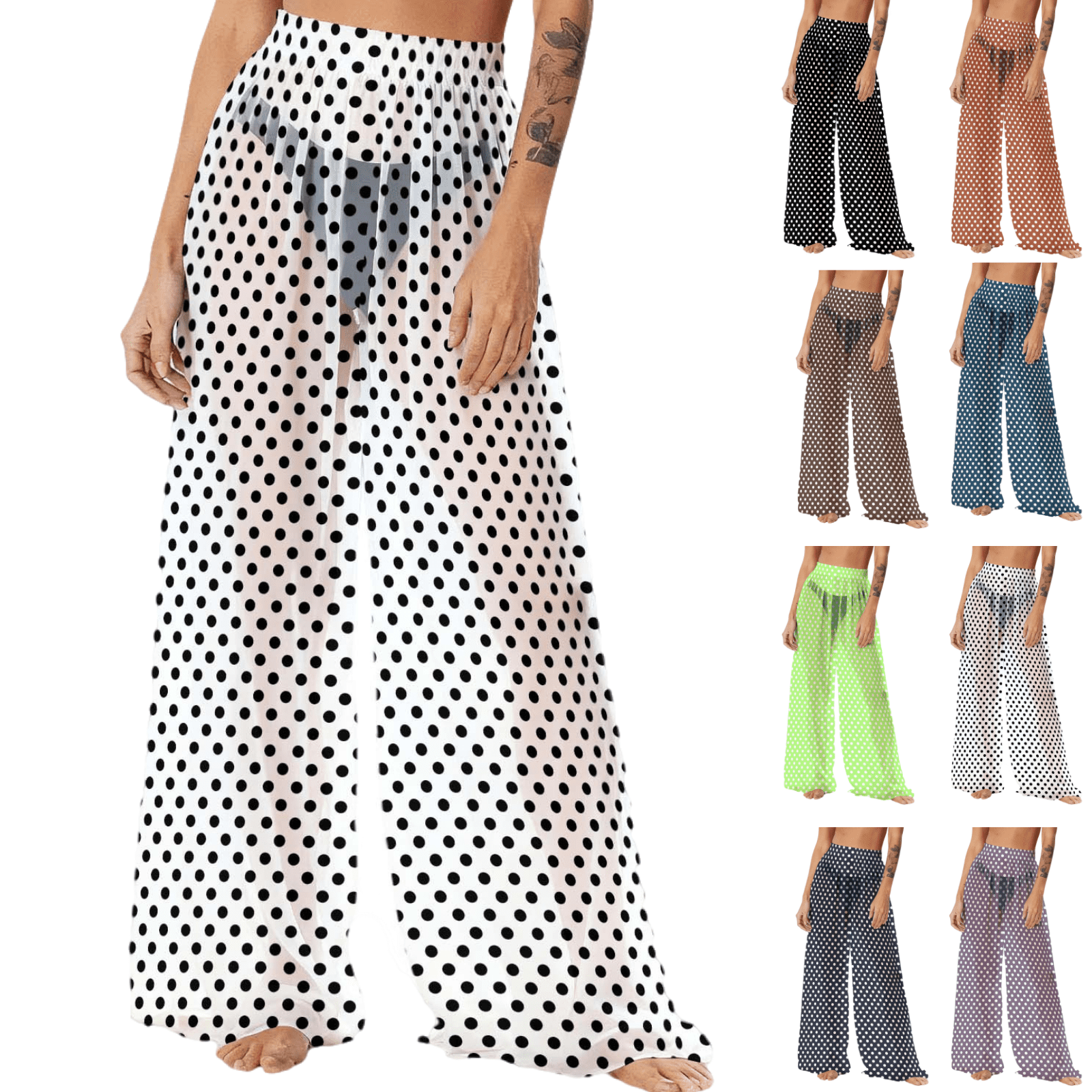 Mifsaly Swimsuit Cover Up Pants Women Beach Sheer Mesh Pant Polka-Dot ...