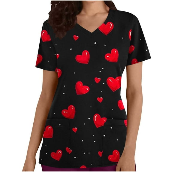 Mifsaly Valentine Scrub Tops Women Patchwork Heart Shirts Short Sleeve ...