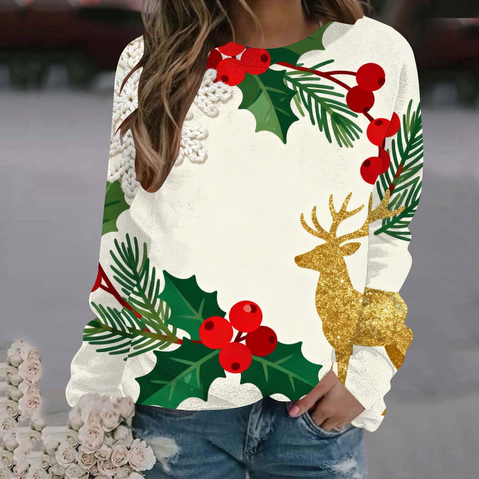 Mifsaly Vintage Christmas Sweatshirt Women Loose Xmas Graphic Pullover ...