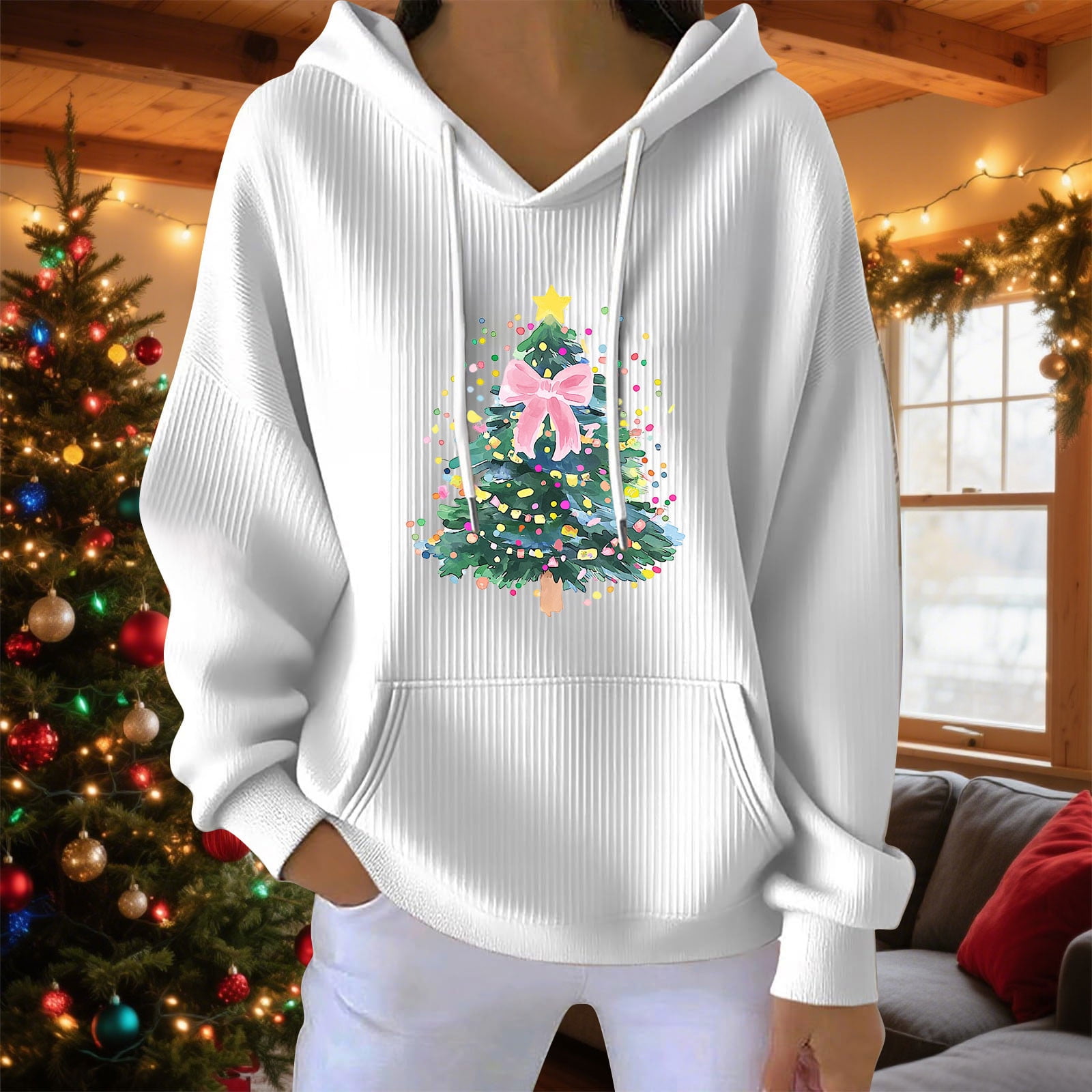 Mifsaly Women Christmas Sweatshirts with Hood Ribbed Xmas Tree Hoodie ...