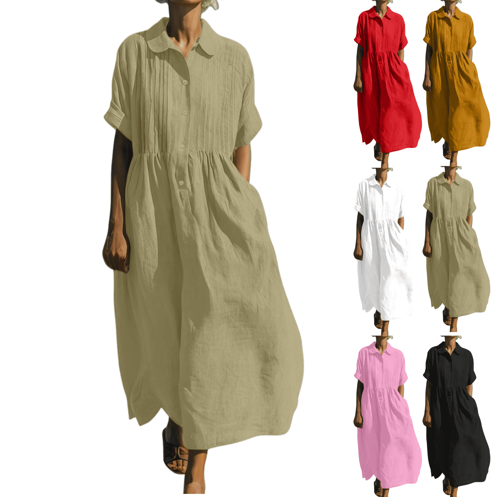 Mifsaly Women Linen Dress Short Sleeve Button Down Maxi Dresses Holiday ...