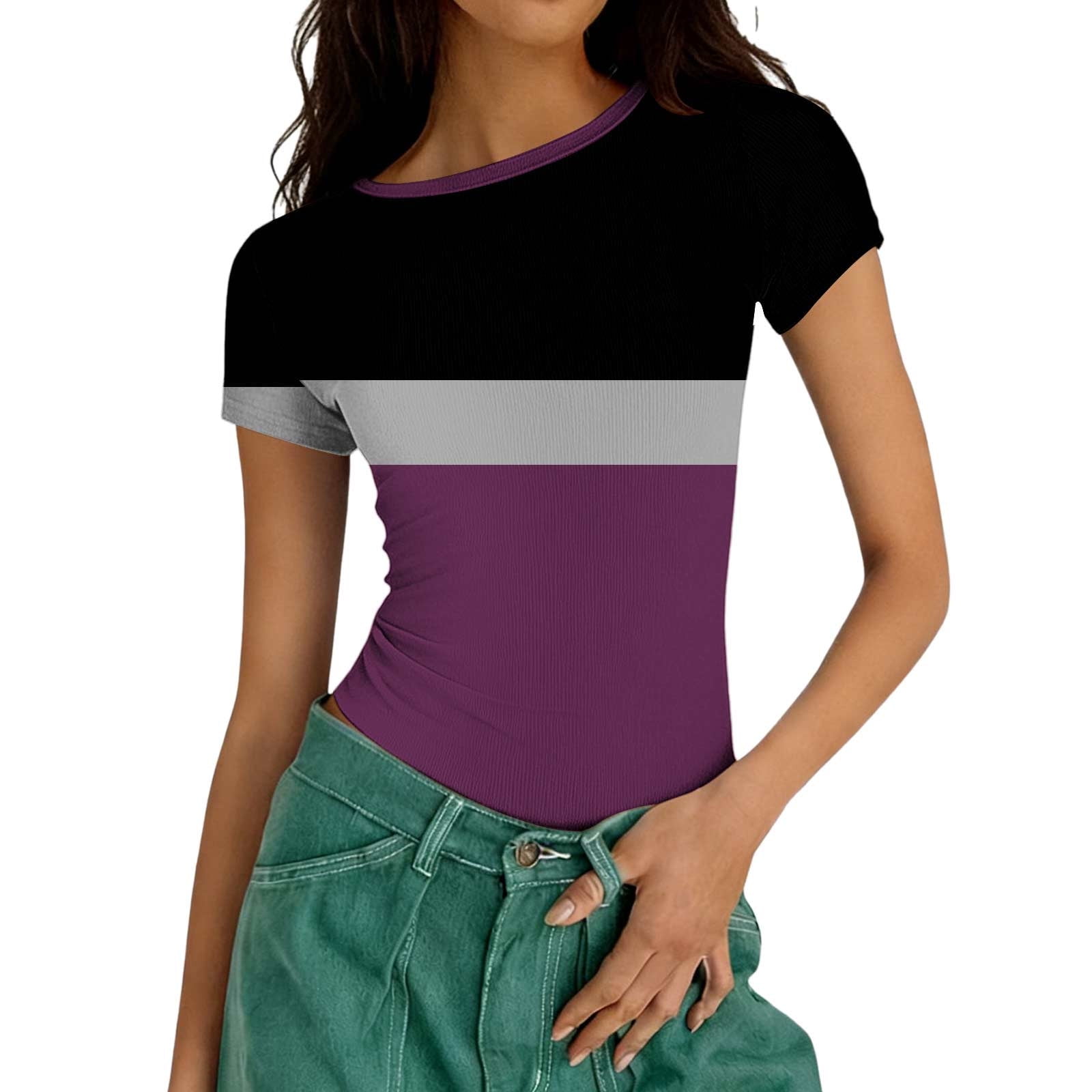 Mifsaly Womens Fitted Tops Striped Crewneck Short Sleeve Crop Top Color ...
