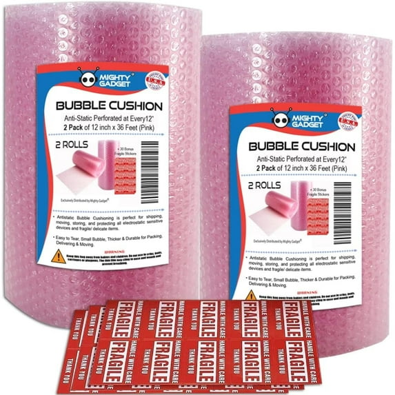 "Mighty Gadget Bubble Cushioning Wrap Rolls, 12"" x 72' ft, Perforated Every 12"", 2 Pack, Pink ...