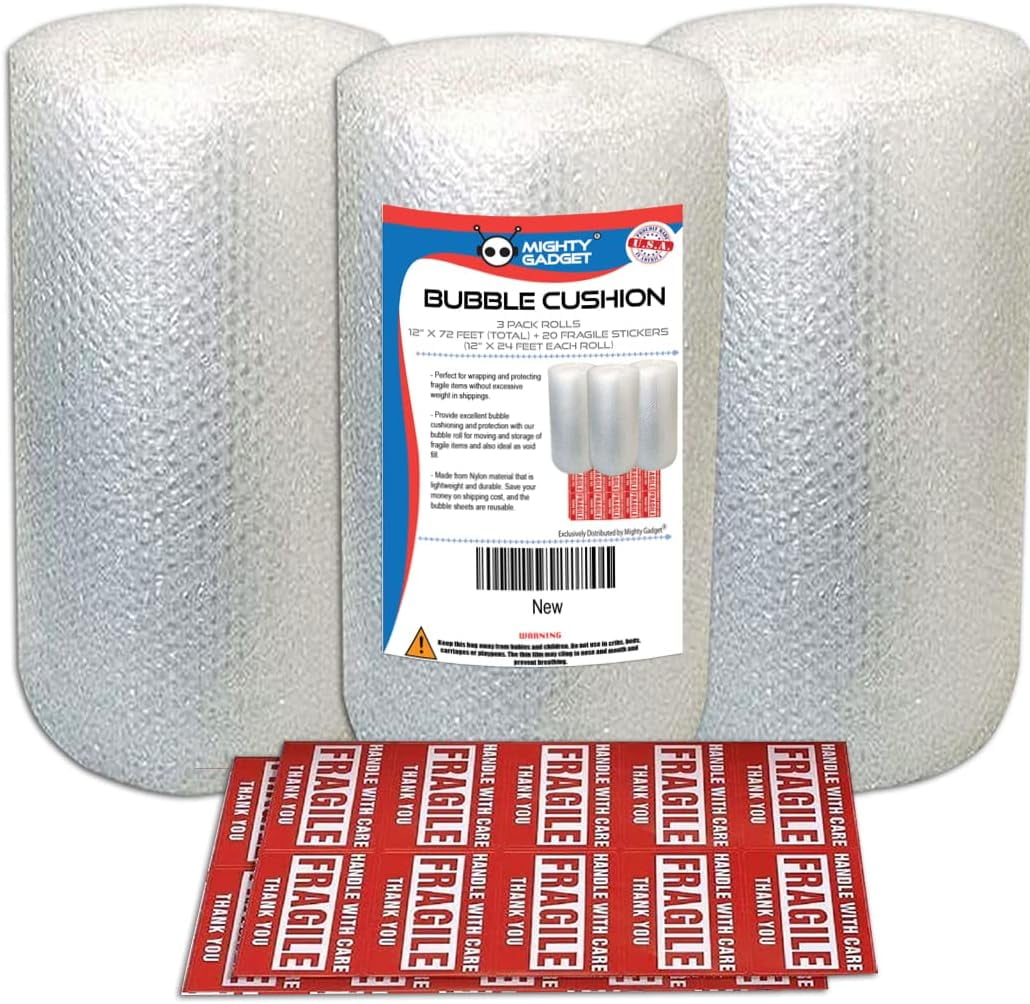 "Mighty Gadget 3 Pack Bubble Wrap Rolls, 12""x72' Total, Perforated, 20 ...
