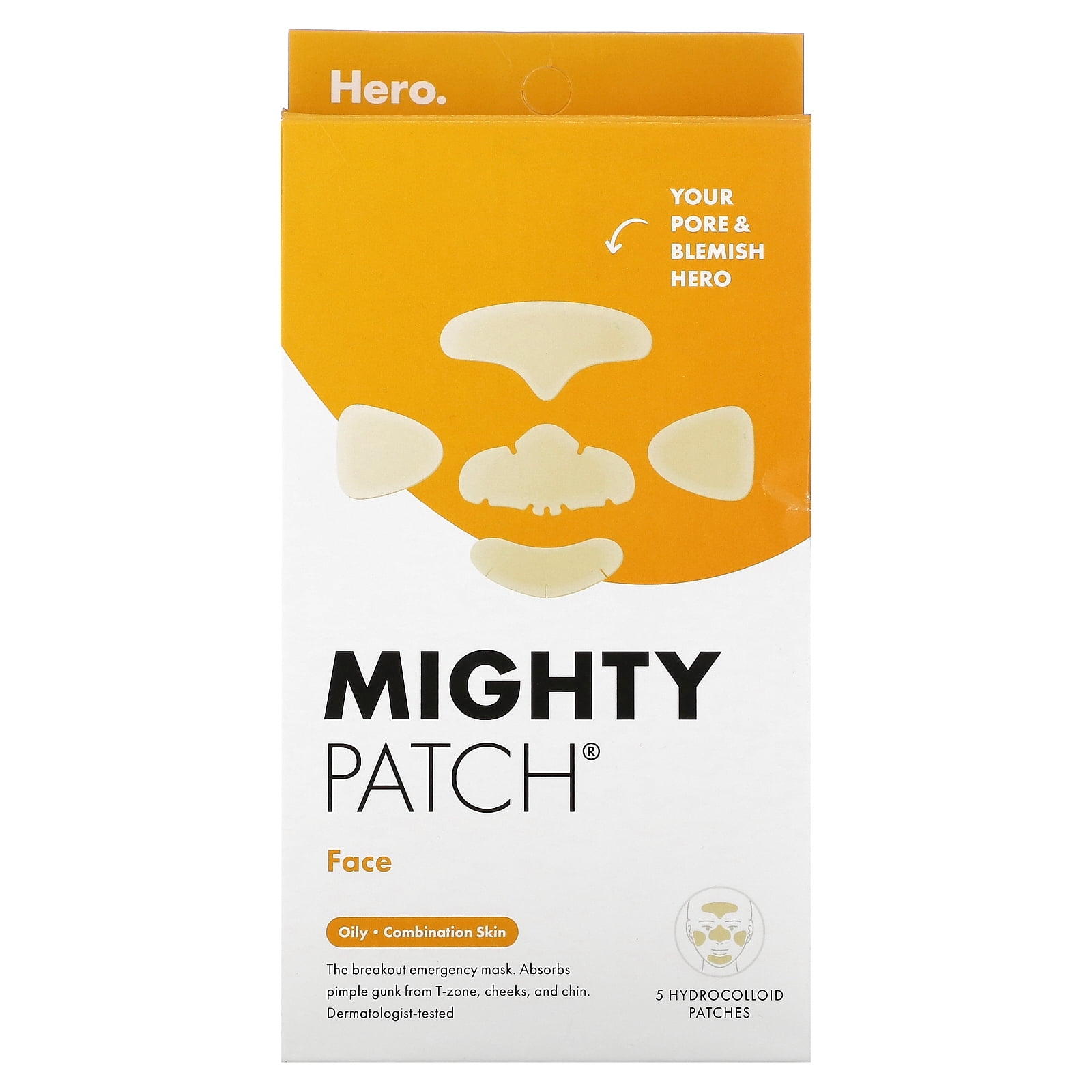 Mighty Patch, Face, Oily, Combination Skin, 5 Hydrocolloid Patches ...
