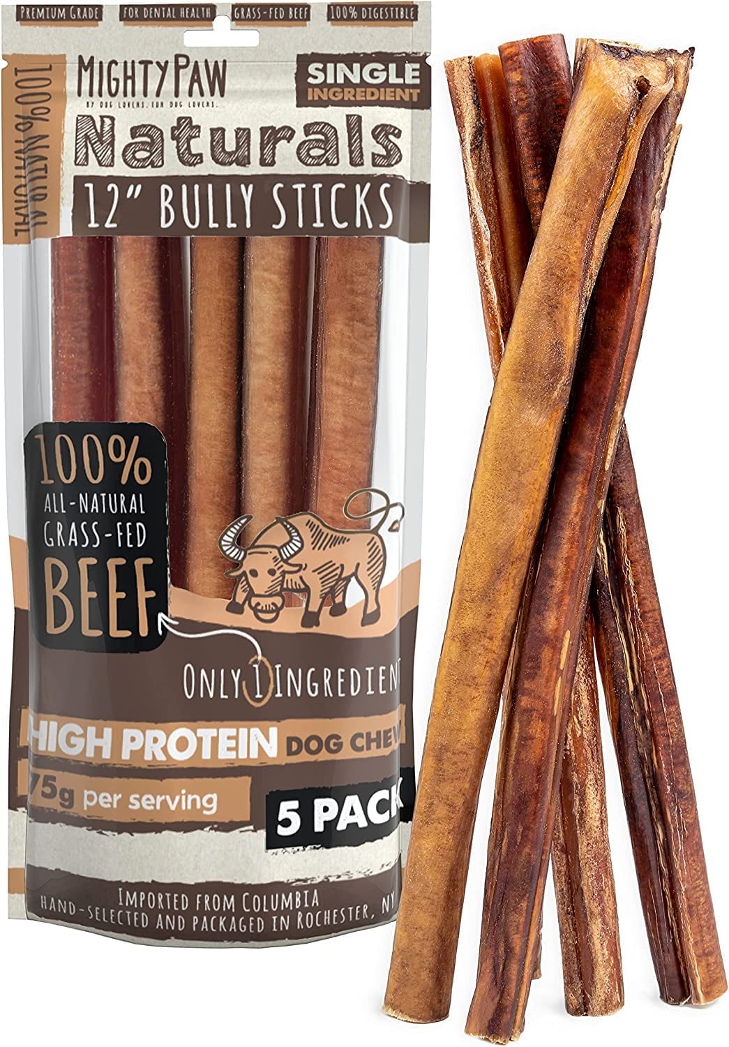 Mighty Paw Naturals Bully Sticks, All-Natural Protein Dog Treats for ...