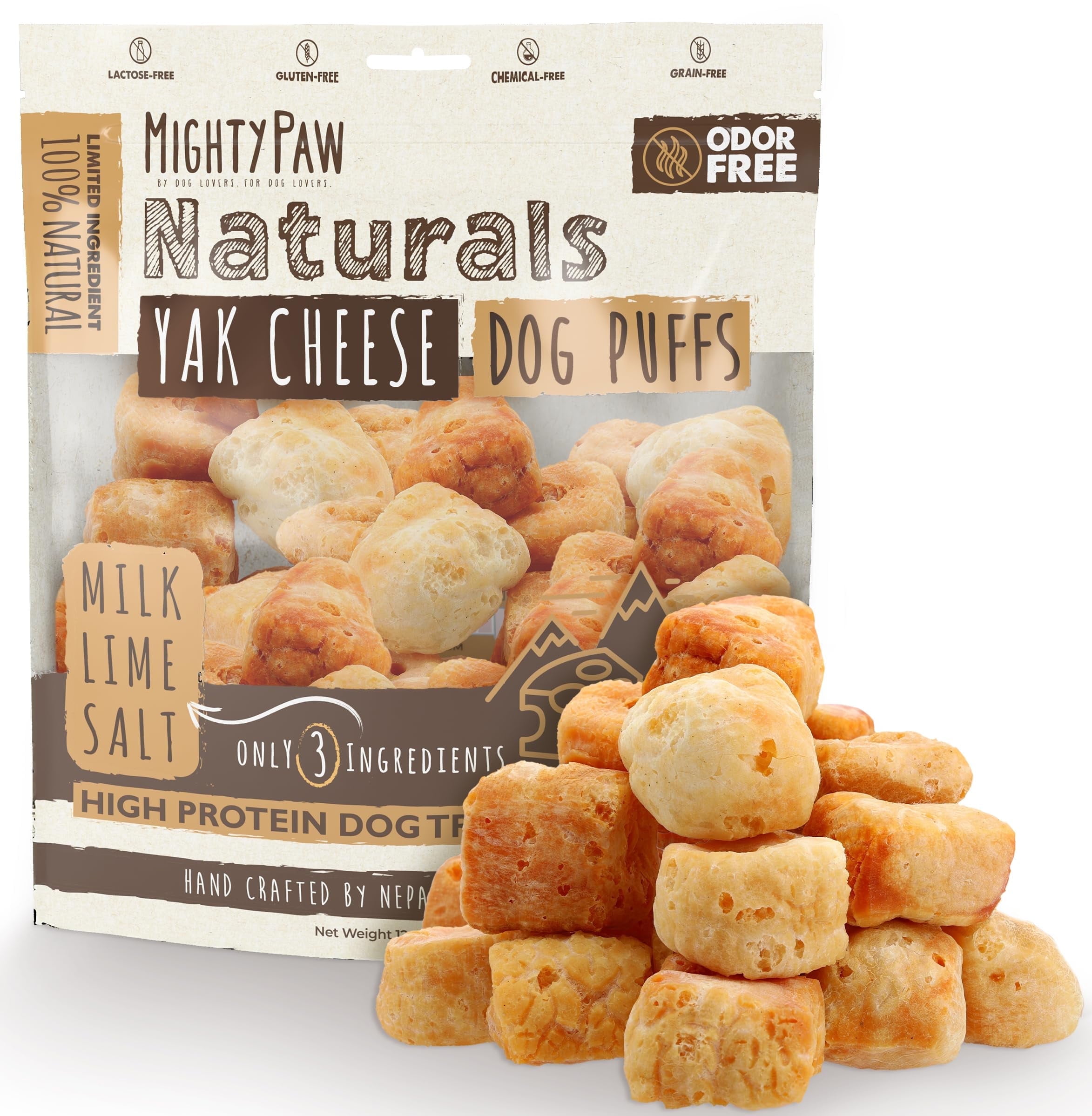 Mighty Paw Yak Cheese Puffs for Dogs - All-Natural Pet Treats for All Sized Breeds - Odorless ...