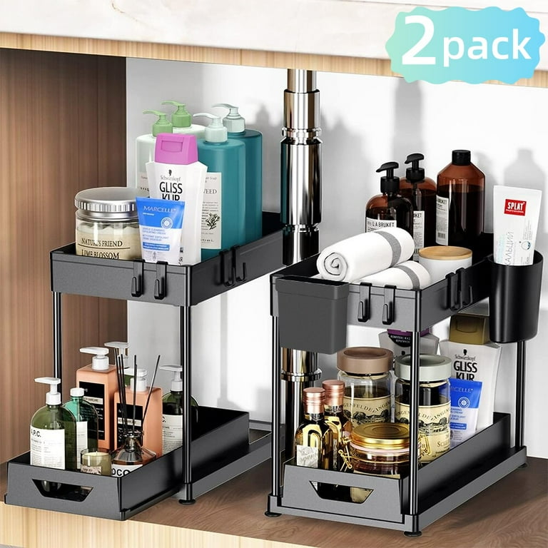 Mighty Rock 2 Pack Under Sink Organizer Under Bathroom Cabinet Organizer with Hooks Hanging Cup Multi Purpose Storage Shelf for Kitchen Bathroom