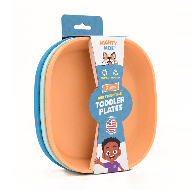 MightyMoe Kid’s Plate Set - 3 Pieces - Square Plates in Orange, Mint ...