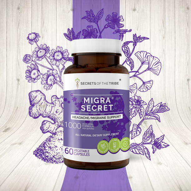 Migra Secret 60 Capsules, 500 mg, Feverfew, Ginger, White willow bark, Periwinkle, Ginkgo ...