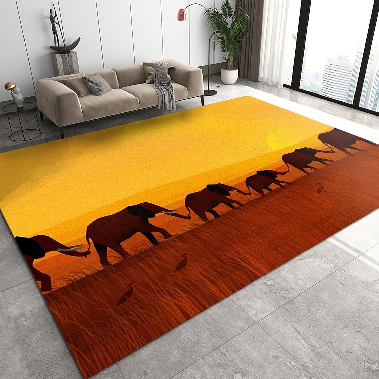 Migrating Black Elephants Area Rugs, Sunset Wilderness Weed Grassland ...