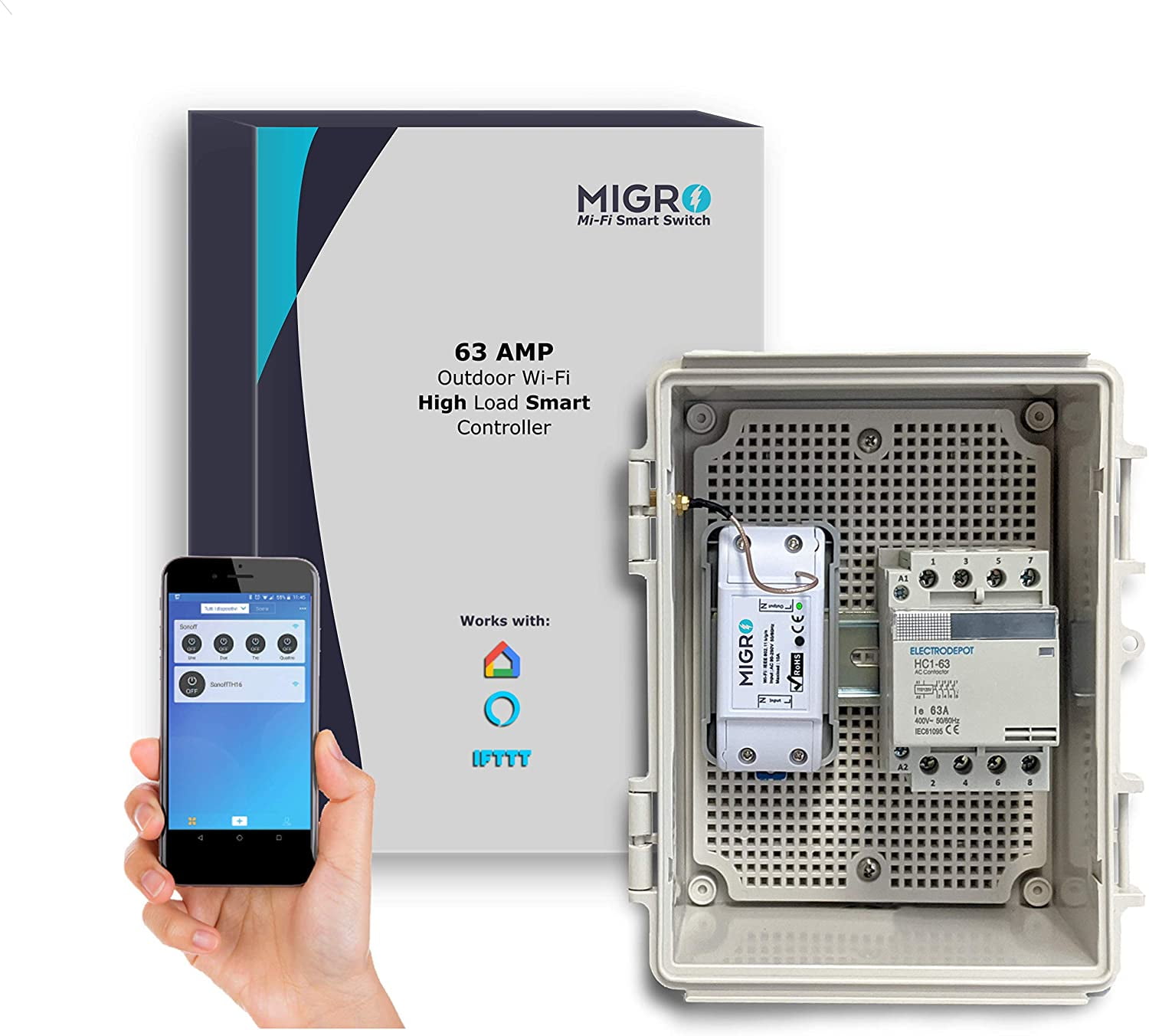 Migro Outdoor Smart Wi-Fi Outlet Box, Heavy Duty 63A Resistive 120VAC ...