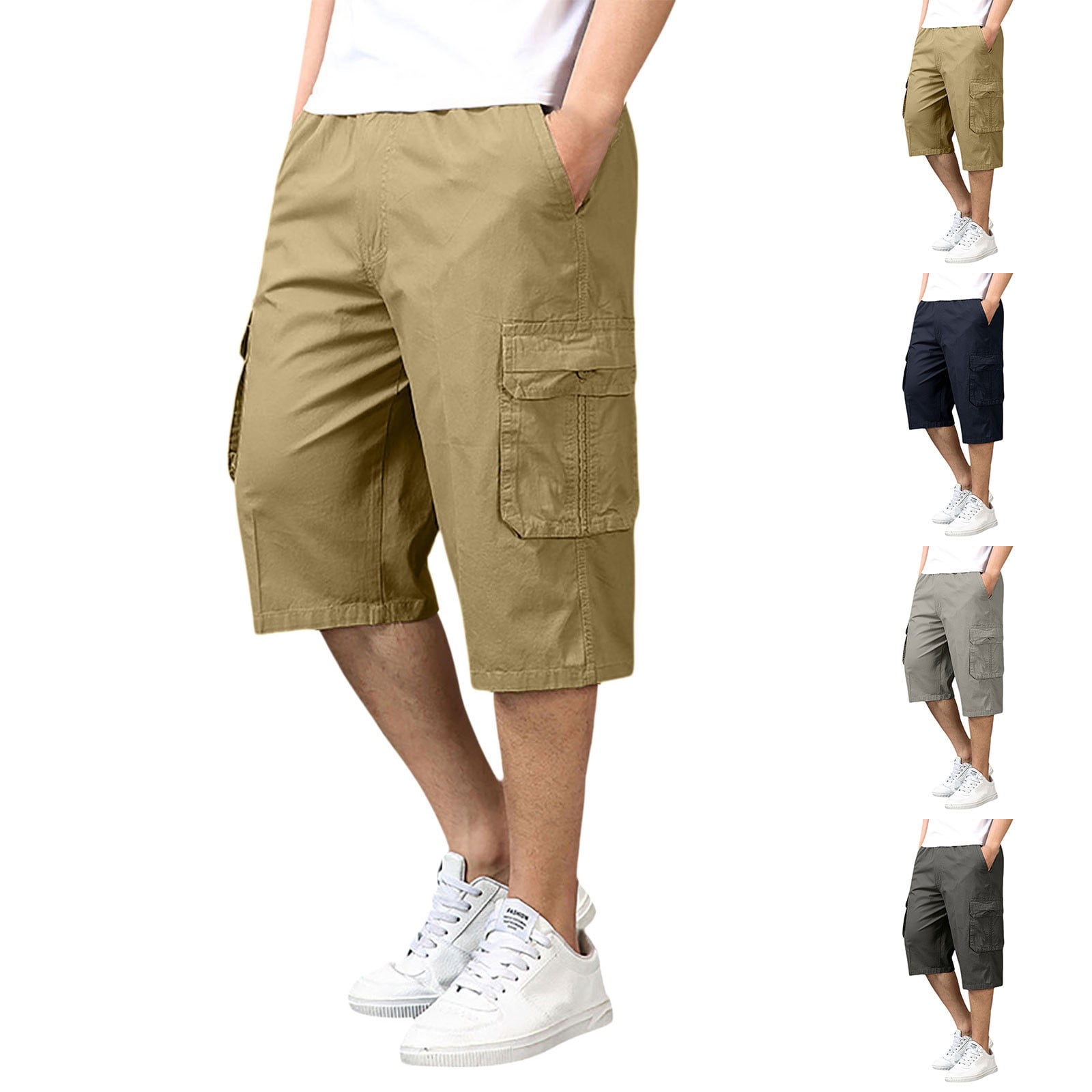 Migroa Mens Capri Pants Cropped Cargo Below Knee Shorts 3/4 Loose Fit ...