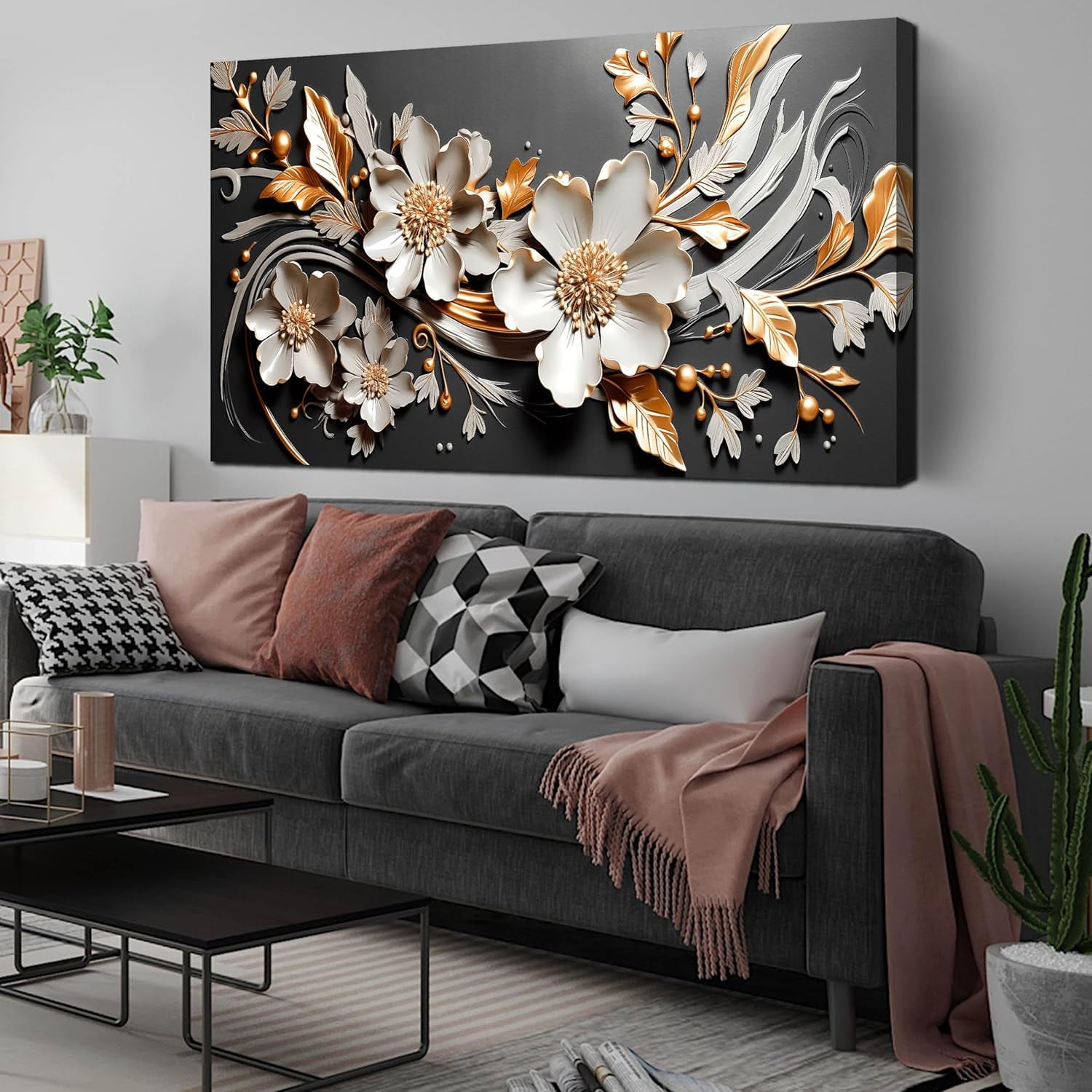 Miguel Flower Art Wall Decor for Bedroom - White and Gold Wall Art for ...