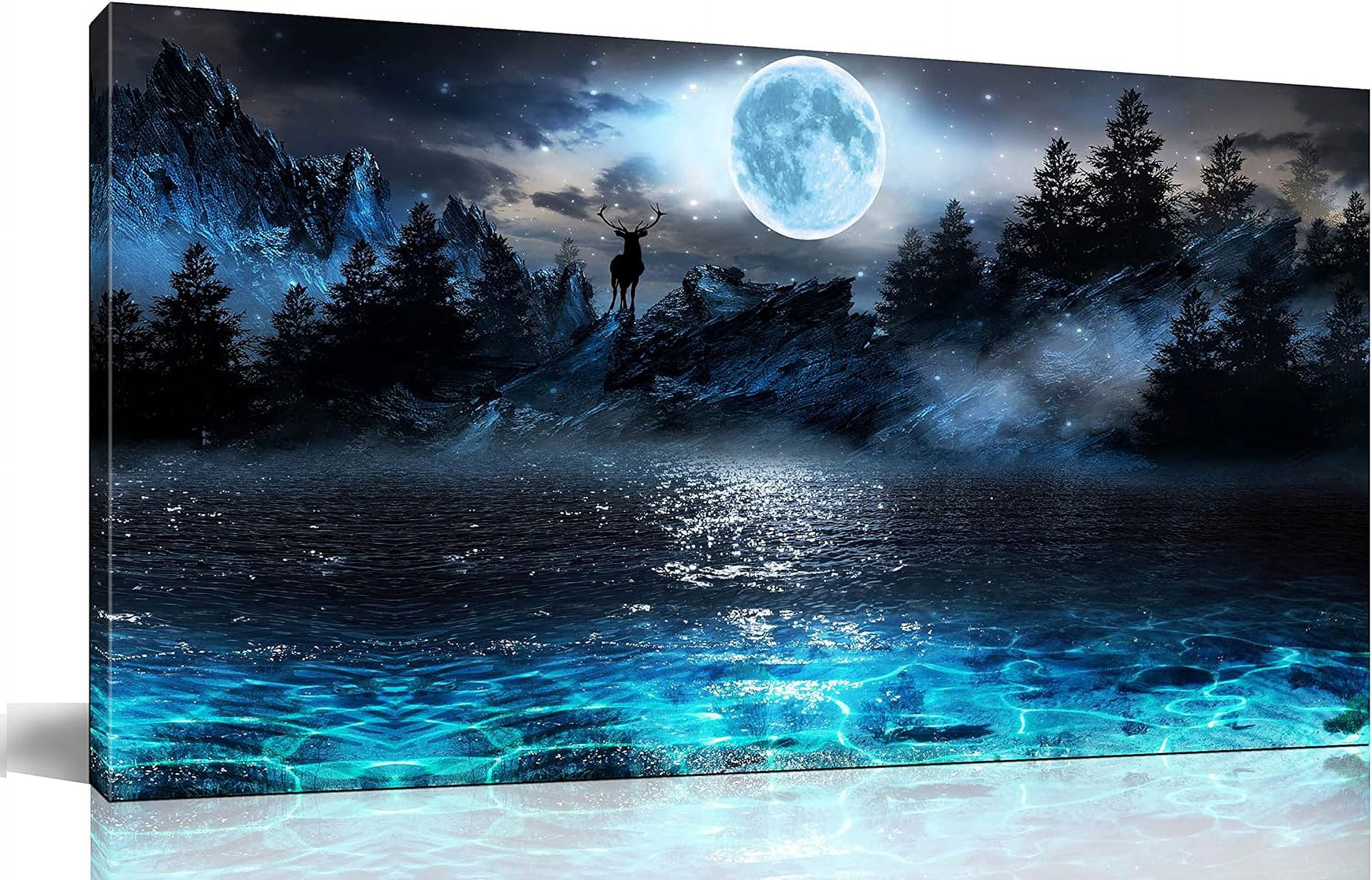 Miguel-Moon Sea Ocean Wall-Art For Living Room Large Size - Blue Wall ...