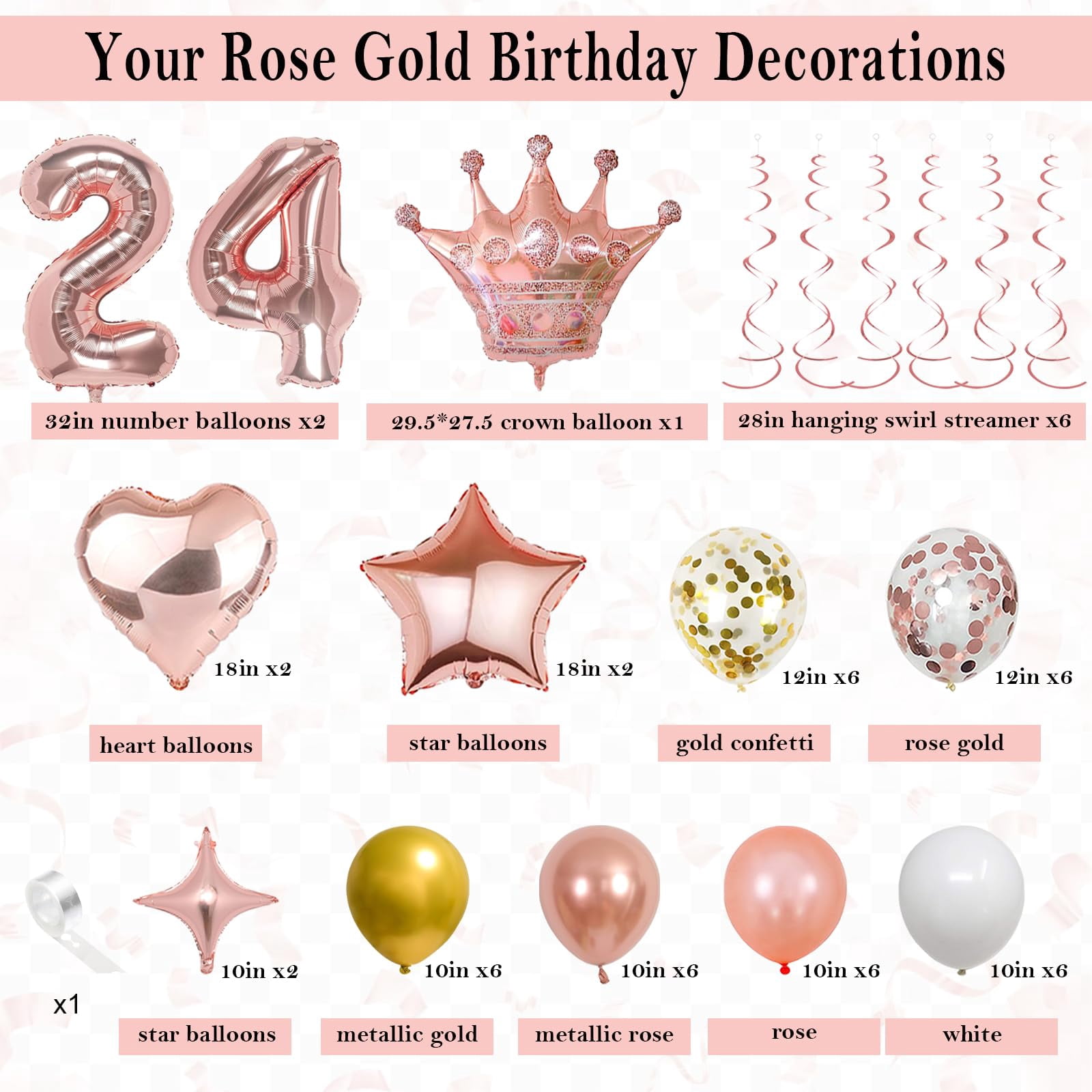 Miidenks 24th Birthday AJH3 Decorations for Women, Rose Gold Happy 24 ...