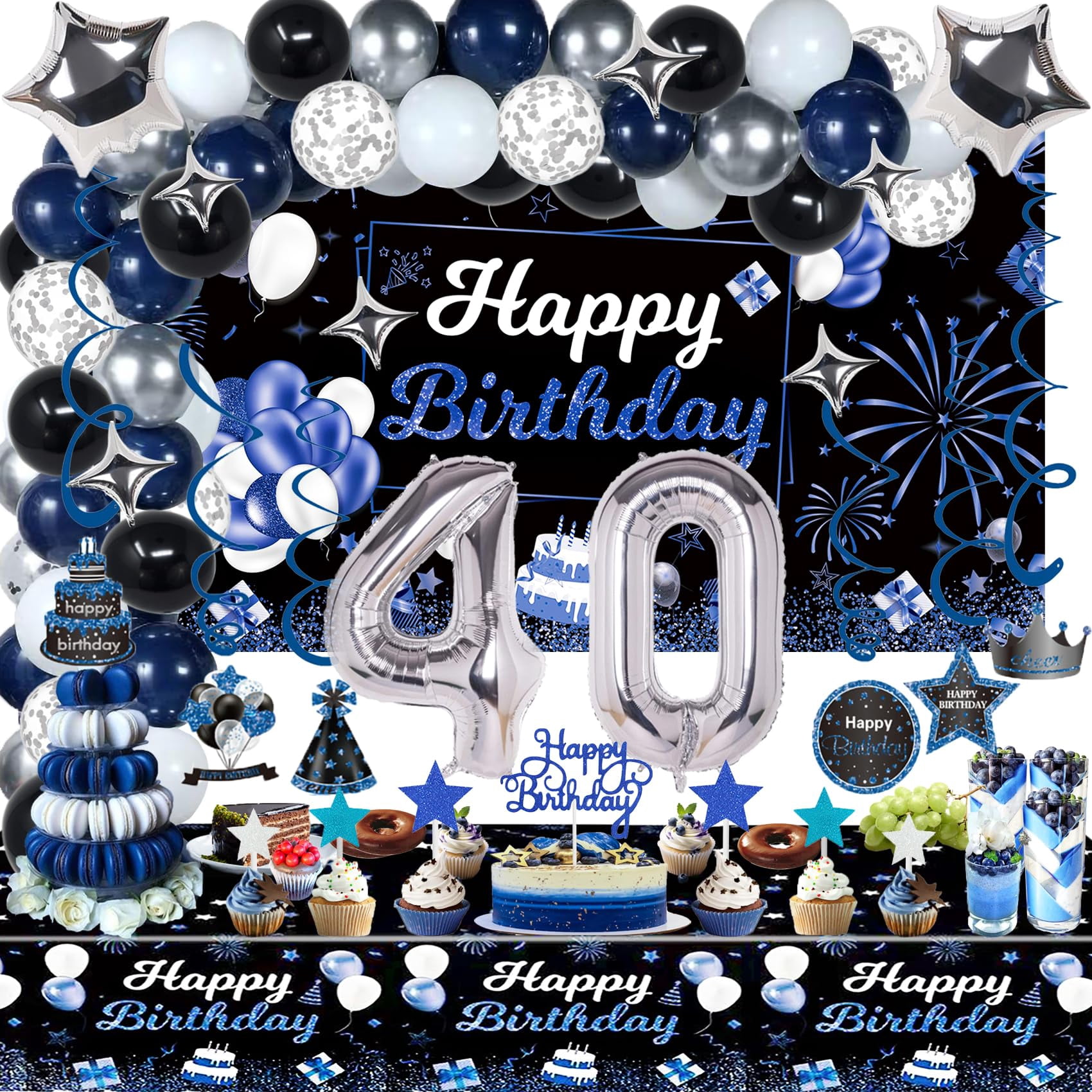 Miidenks 40th Birthday Decorations Set for KKS1 Men, Navy Blue Silver ...