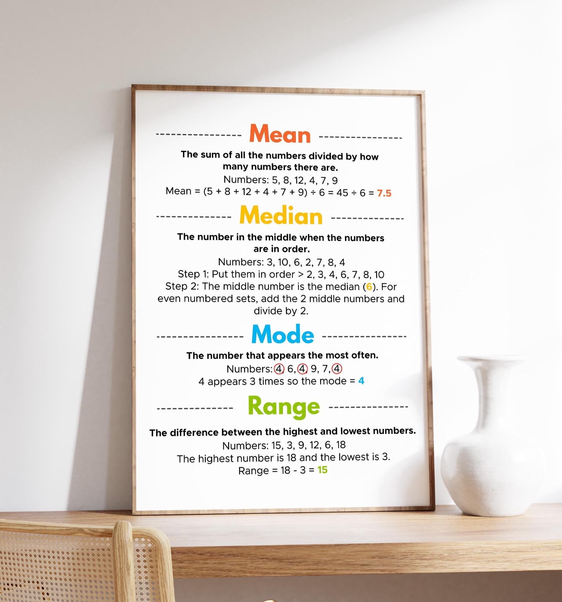 MikaMY Mean Media Mode Range Poster, Math Statistics Poster, Math ...