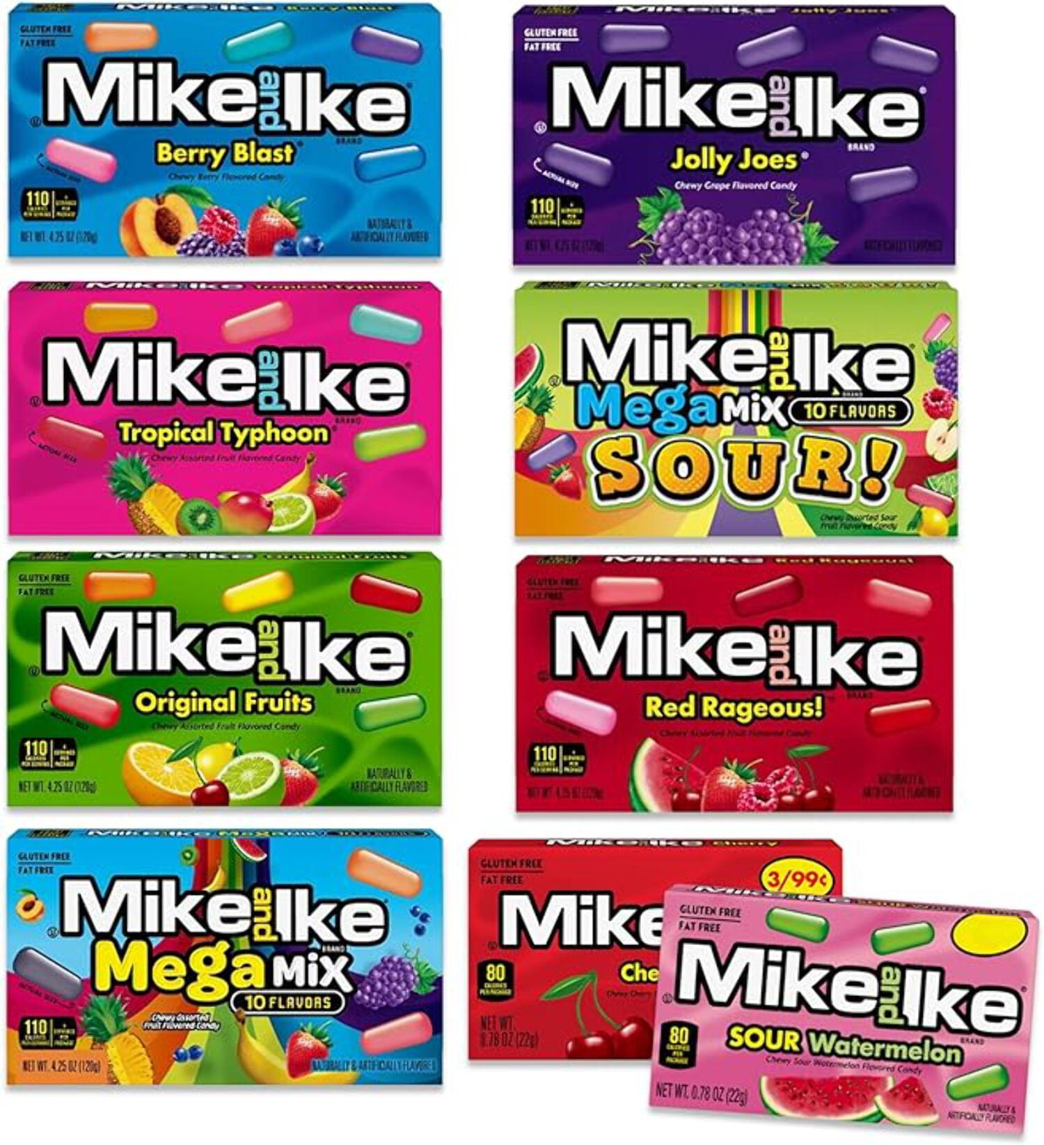 Mike and Ike Variety Pack of 9- Red Rageous, Jolly Joes, Original, Tropical Typhoon, Berry Blast ...