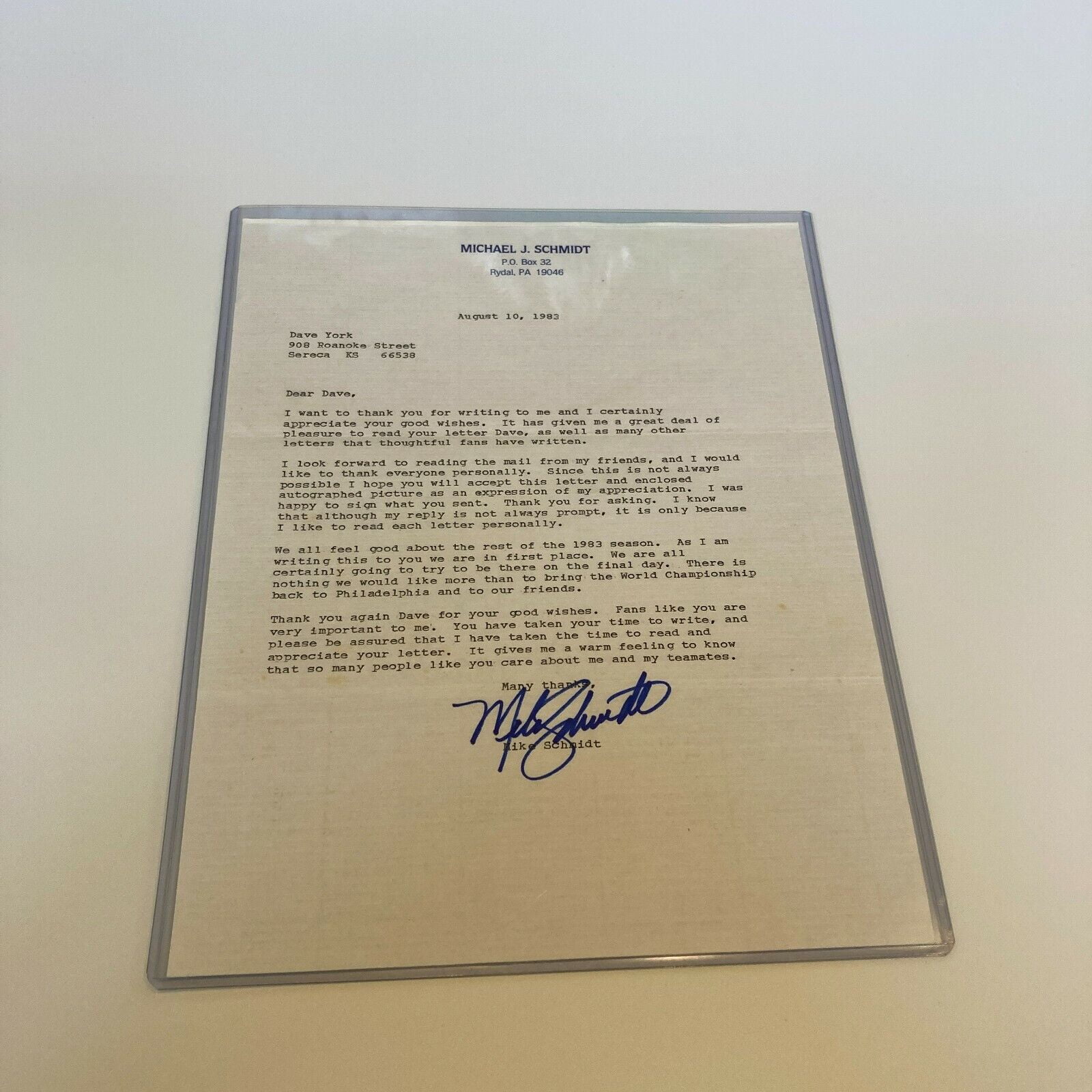 Mike Schmidt 1983 Signed Letter With Great Content World Series ...