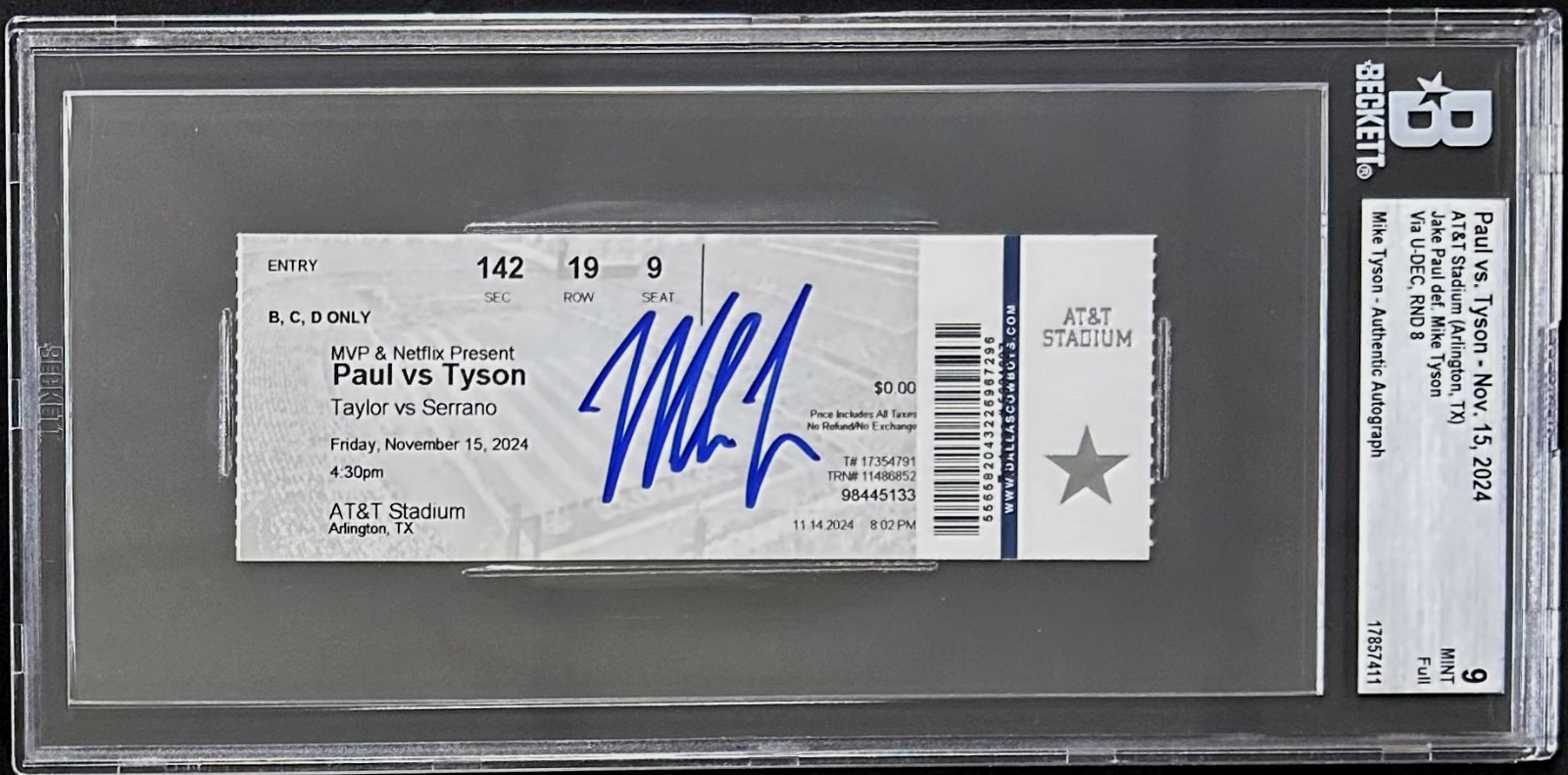 Mike Tyson Signed Tyson vs Jake Paul Fight Full Ticket Beckett Mint 9 ...