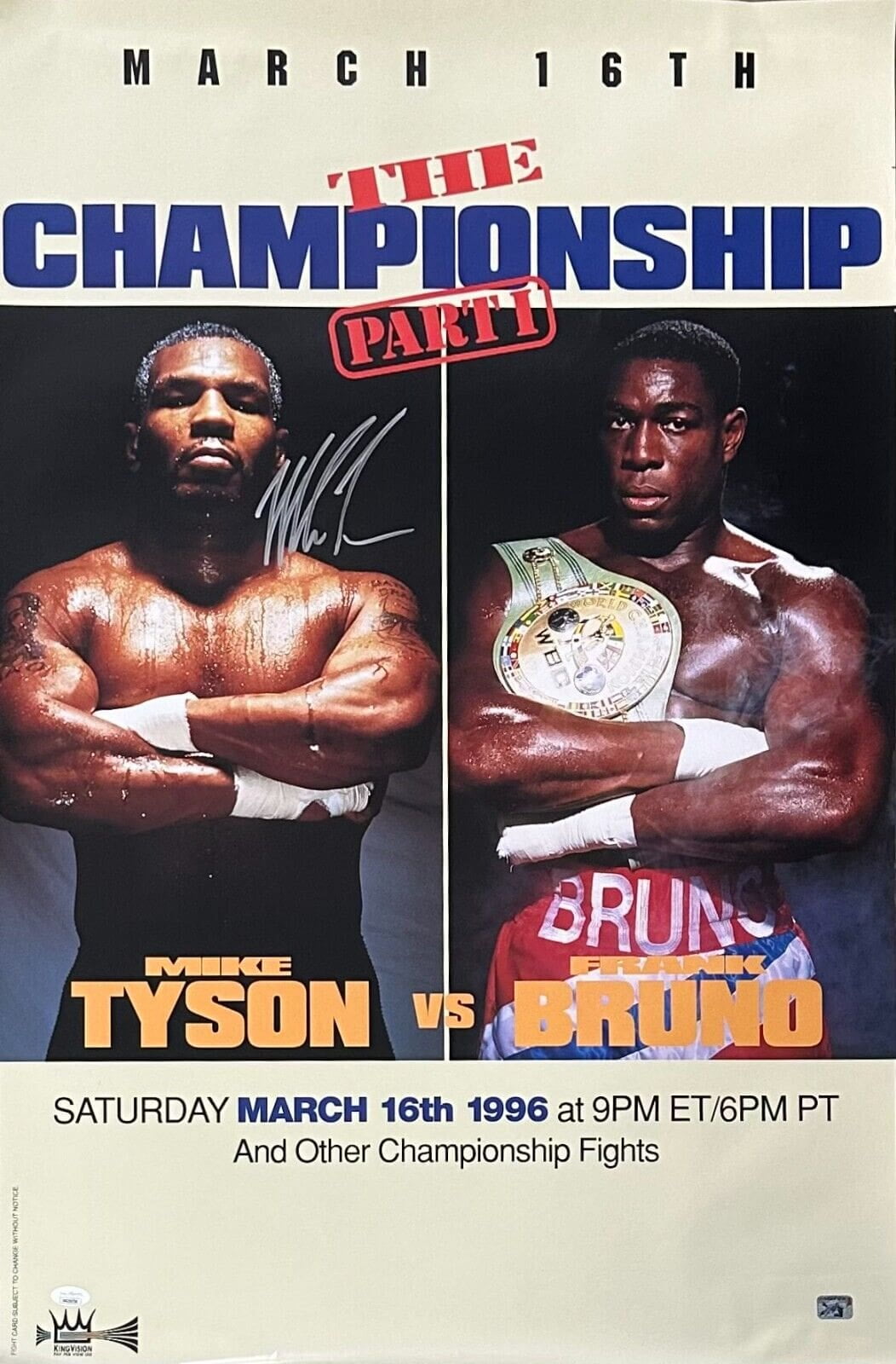 Mike Tyson vs Bruno Signed Original Fight Poster JSA & Tyson Holo ...