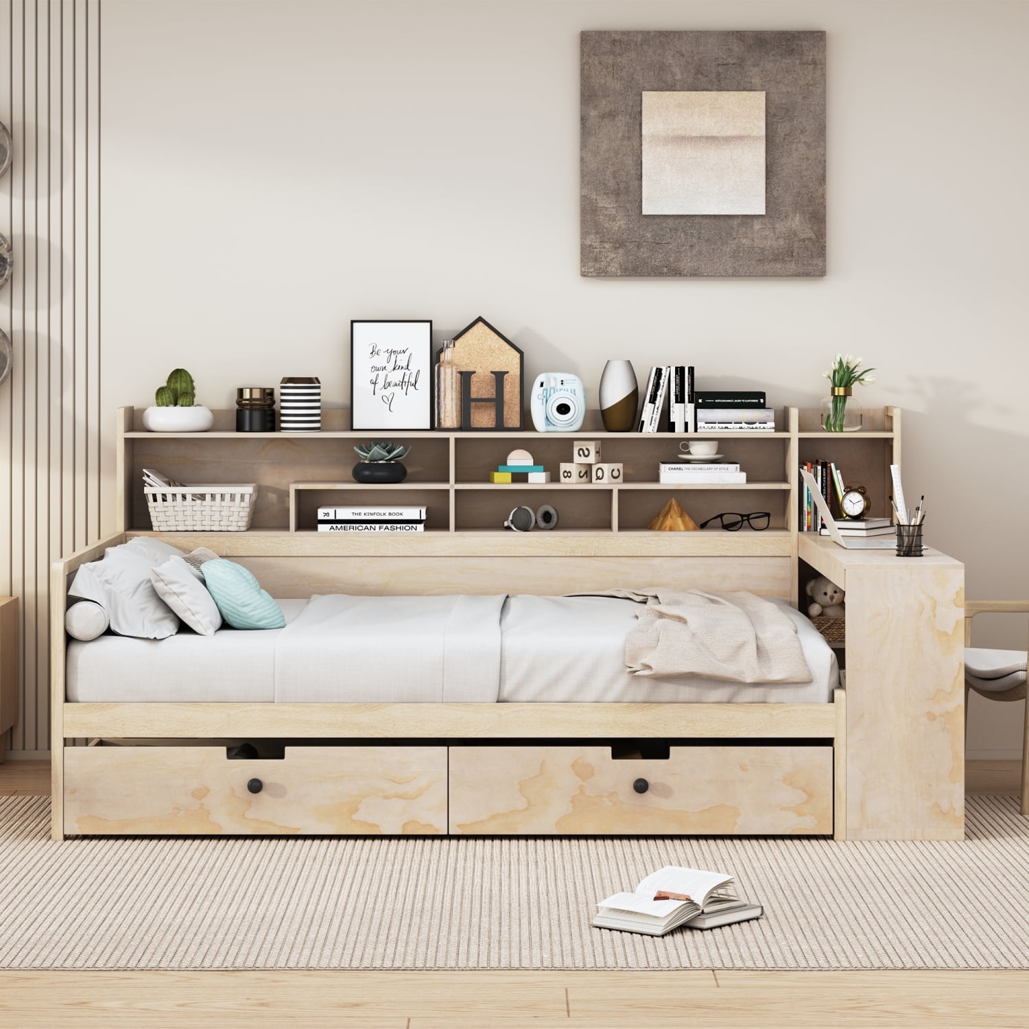 Mikeor Furniture Wooden Full Size Daybed with Storage Shelves, Multi ...