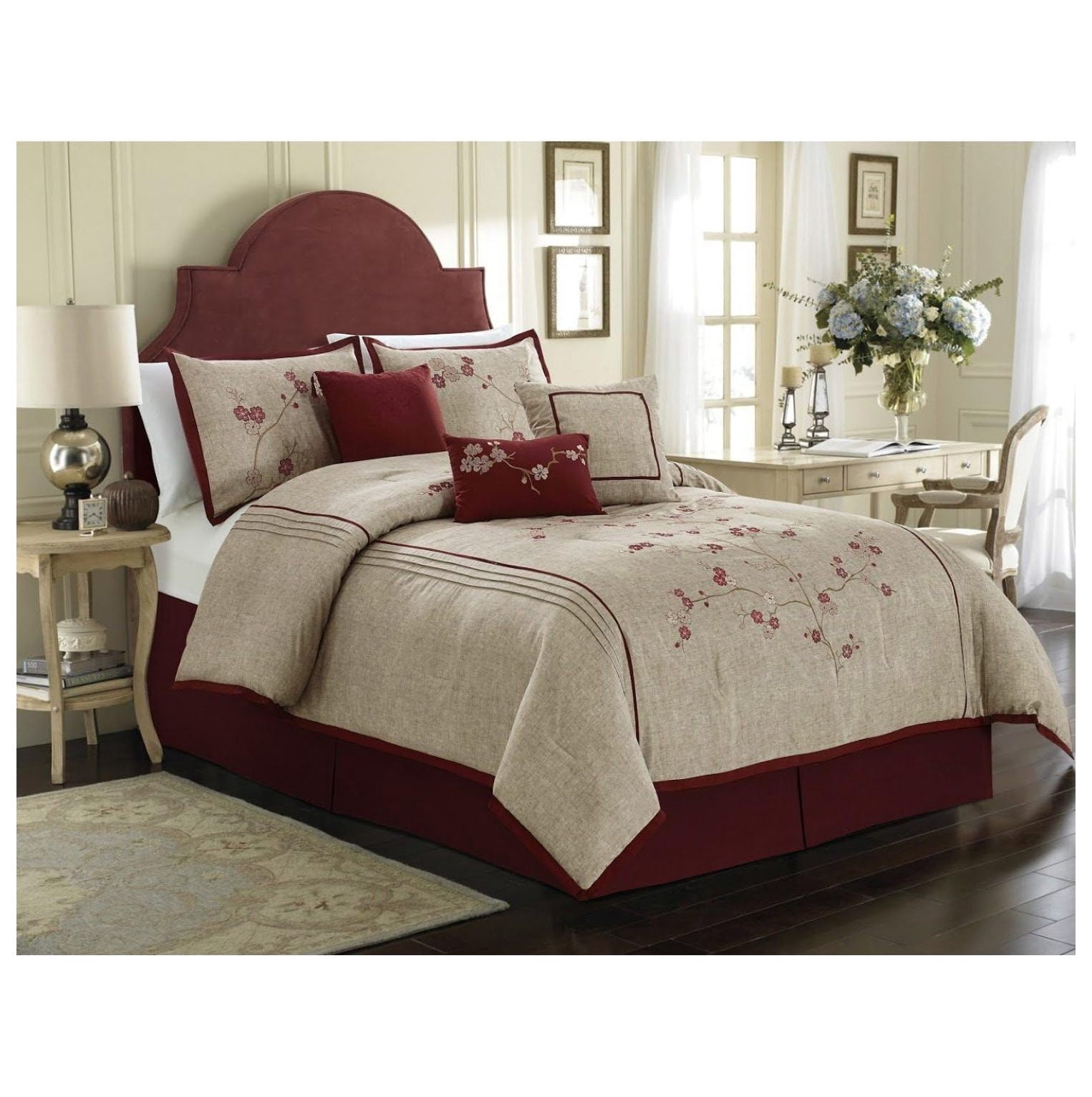 Miki 7-Piece Luxury Floral Red Cherry Blossom Embroidery Comforter Set ...