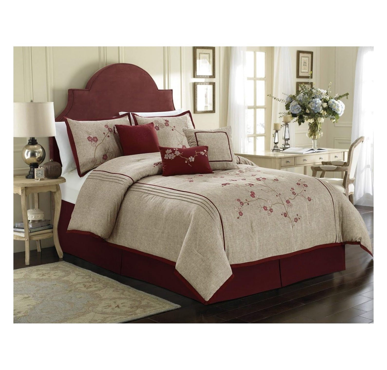 Miki 7-Piece Luxury Floral Red Cherry Blossom Embroidery Comforter Set ...