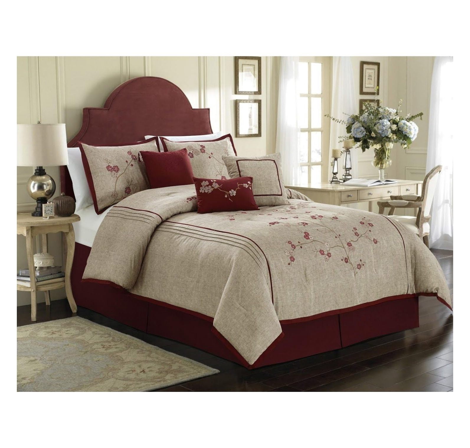 Miki 7-Piece Luxury Floral Red Cherry Blossom Embroidery Comforter Set ...