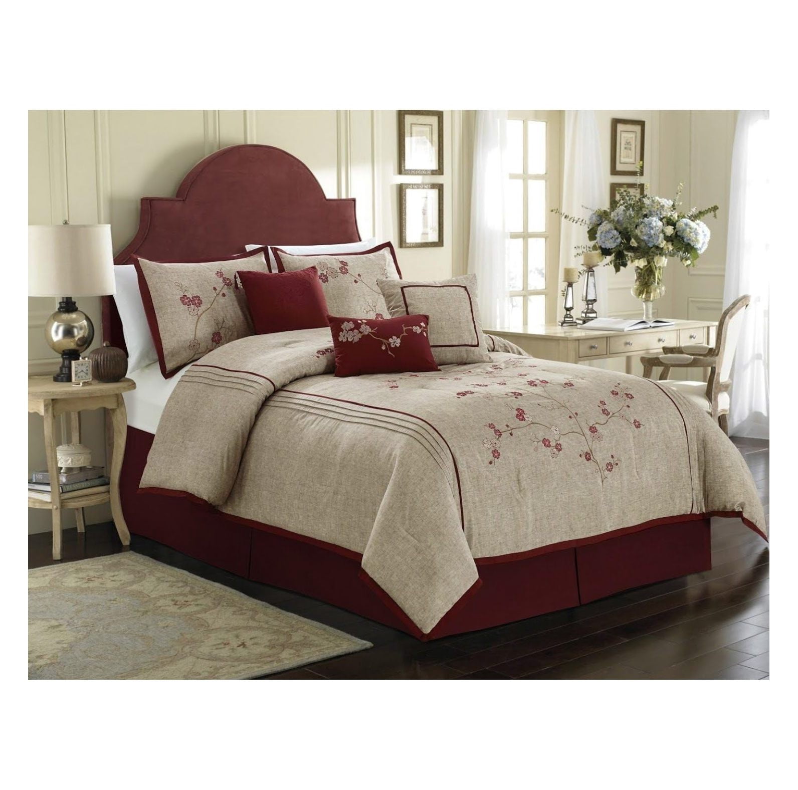 Miki 7-Piece Luxury Floral Red Cherry Blossom Embroidery Comforter Set ...