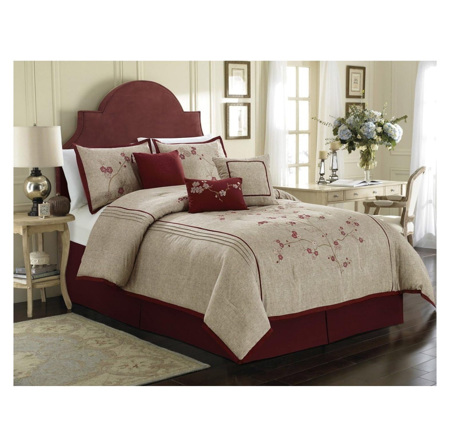 Miki 7-Piece Luxury Floral Red Cherry Blossom Embroidery Comforter Set ...